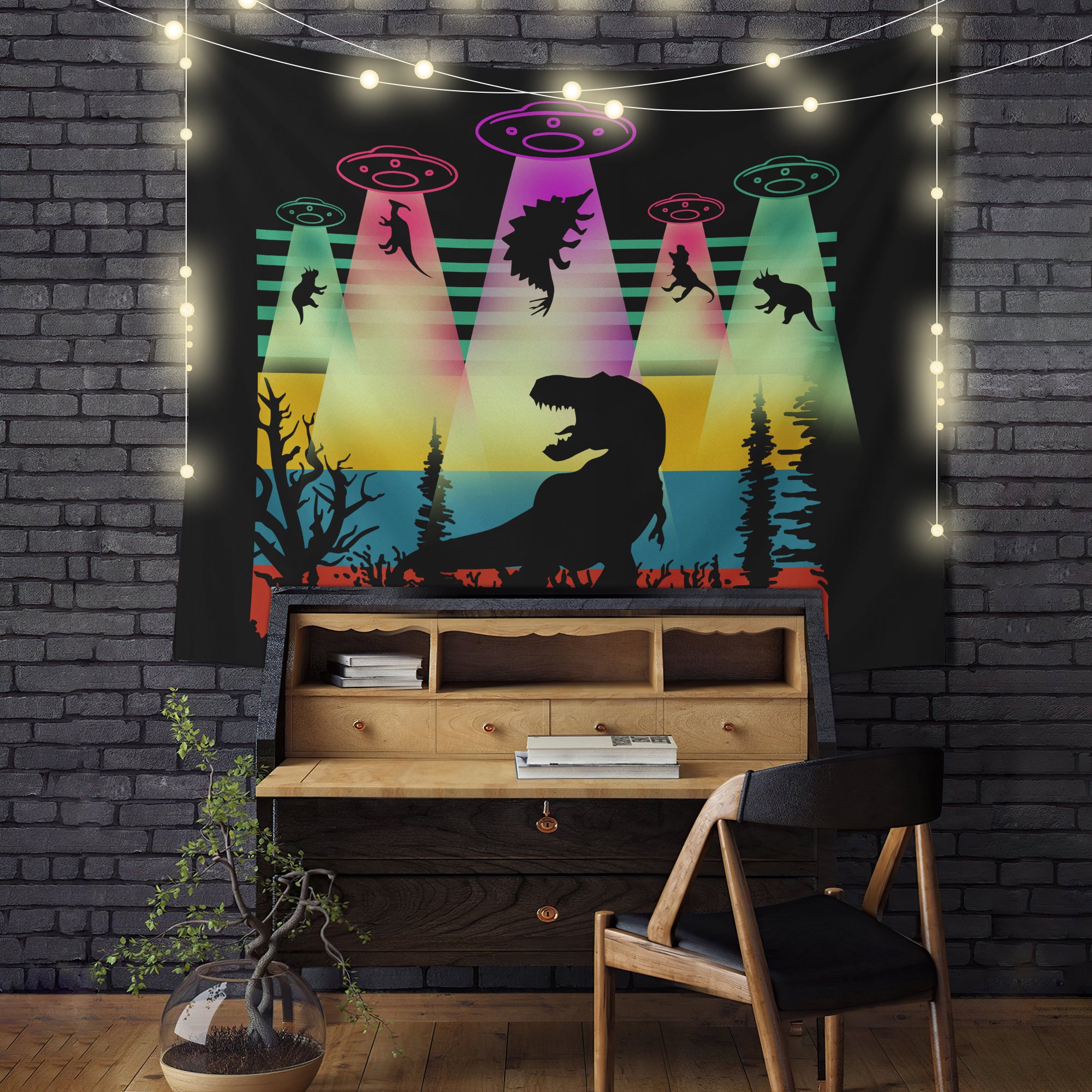 T-rex Dinosaur UFO Aliens Tapestry Room Decor