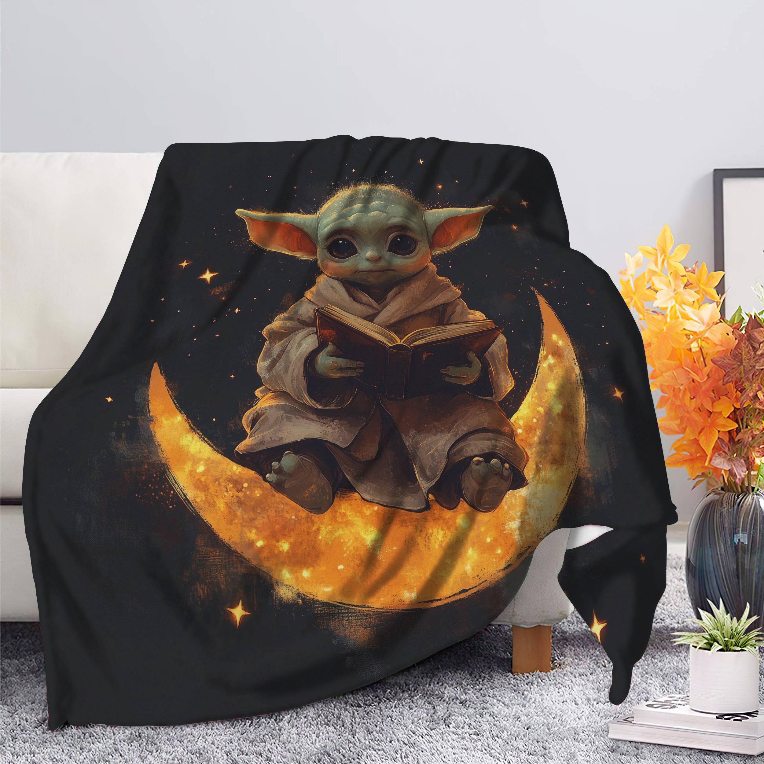 Baby Yoda Reading On A Crescent Moon Premium Blanket