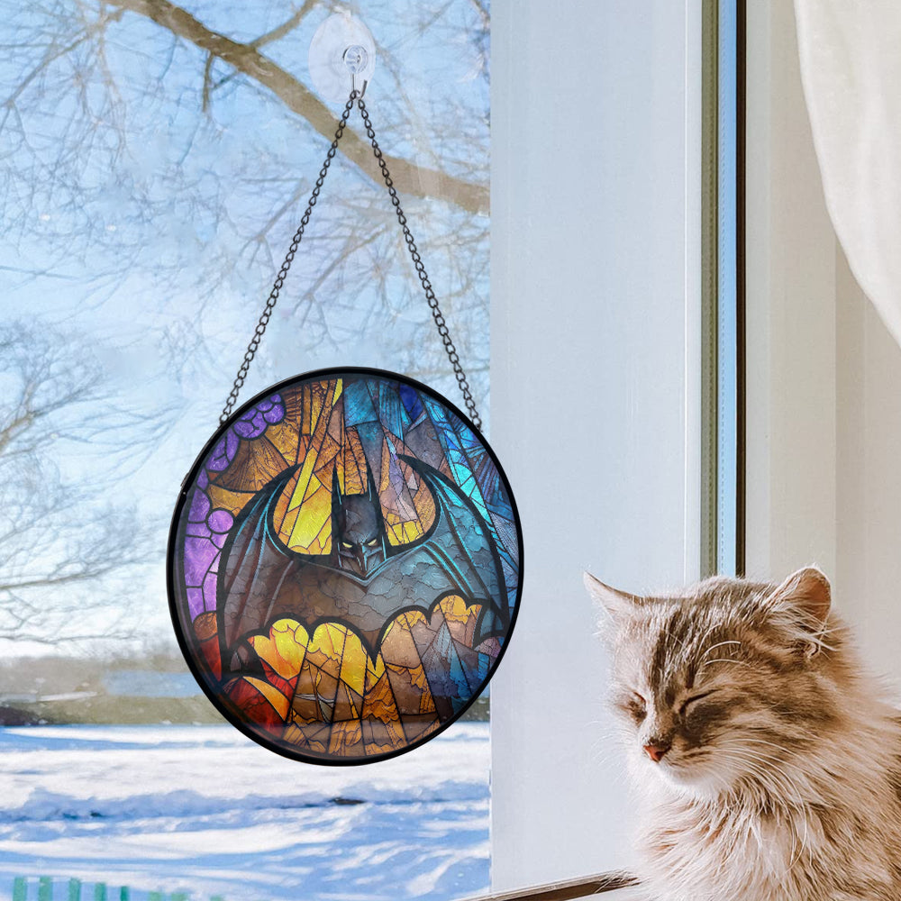Batman Logo Round Stained Glass Window Hanging Panel Suncatcher