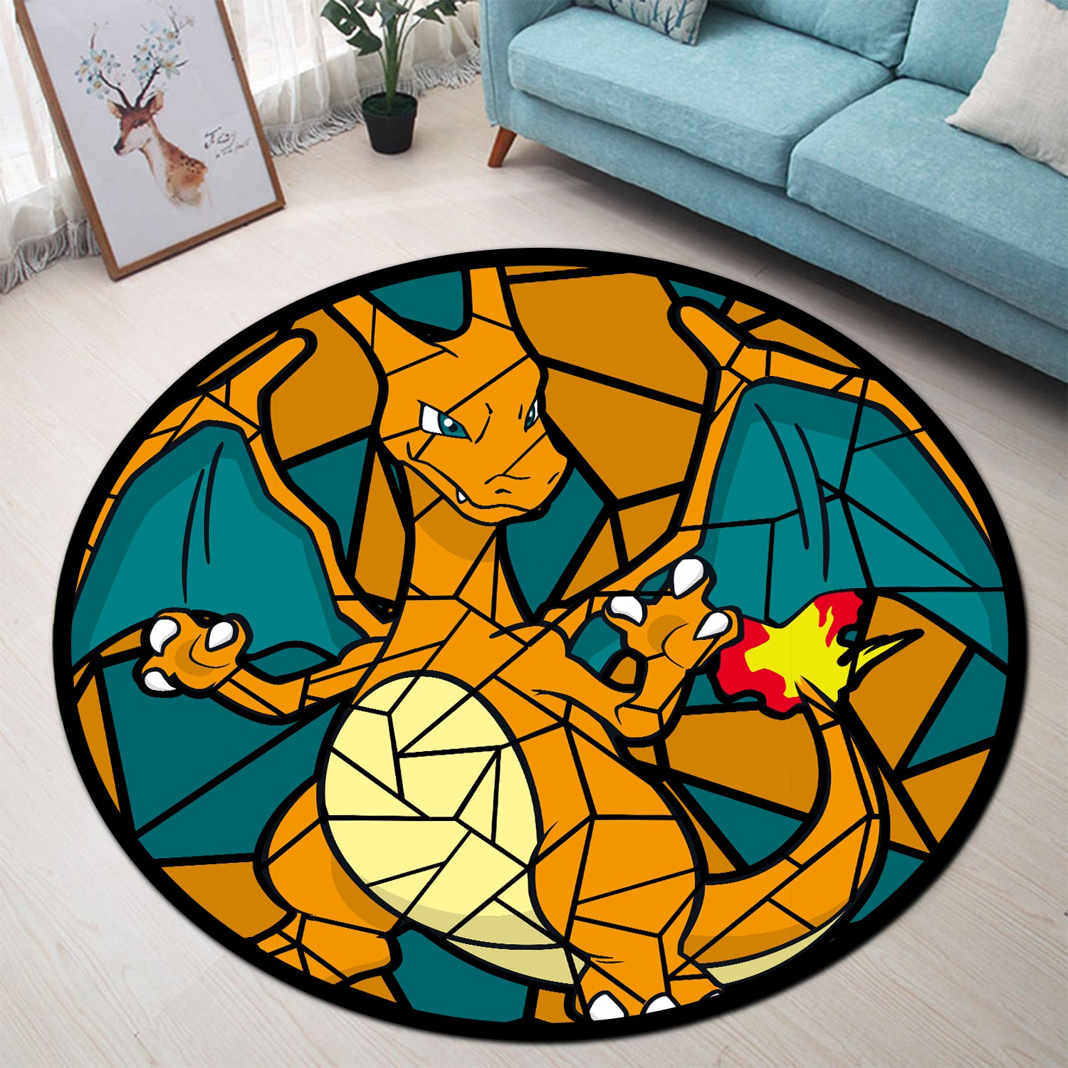 Charizard Pokemon Stained Glass Round Carpet Rug Bedroom Livingroom Ho