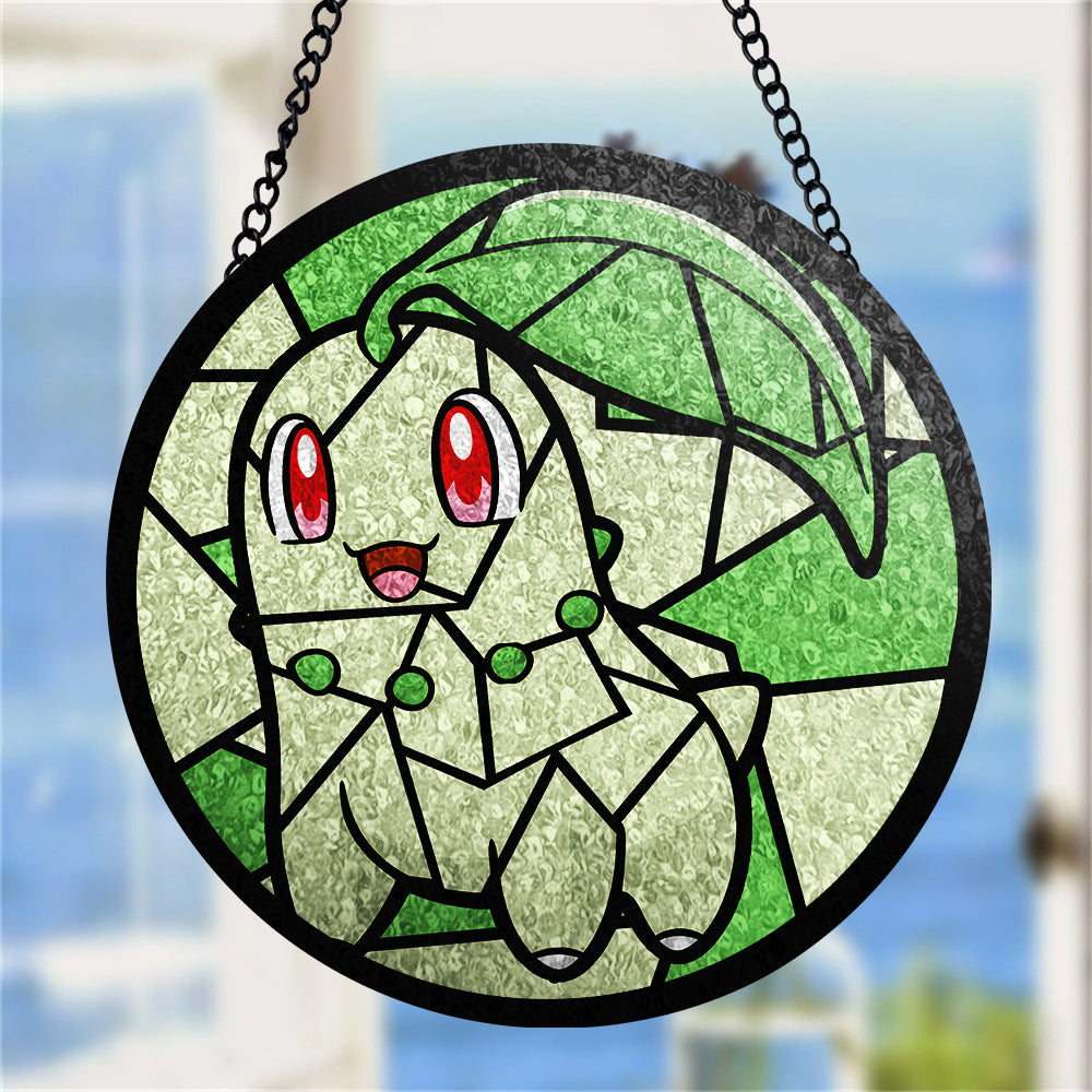 Chikorita Pokemon Stained Glass Window Hanging Panel Suncatcher