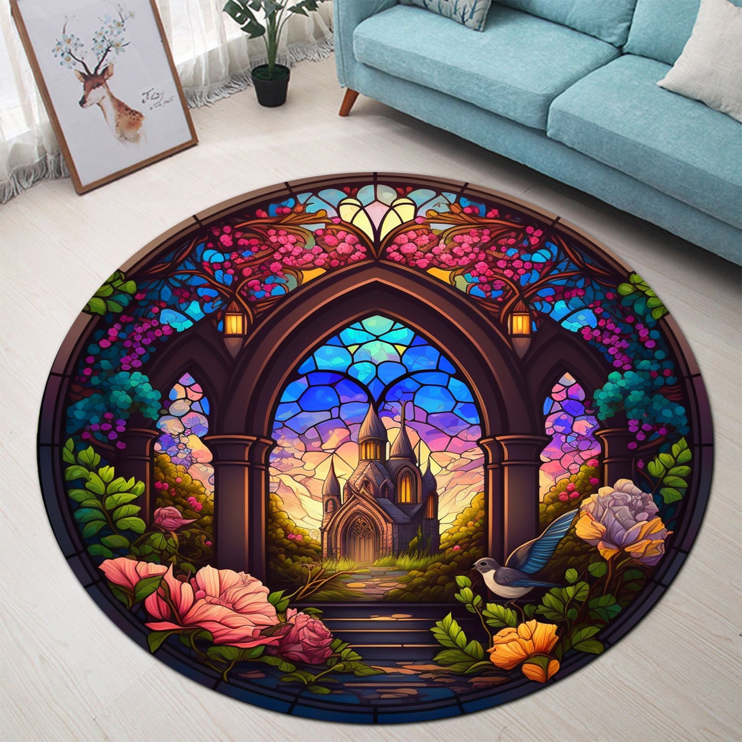Church Stained Glass Round Carpet Rug Bedroom Livingroom Home Decor