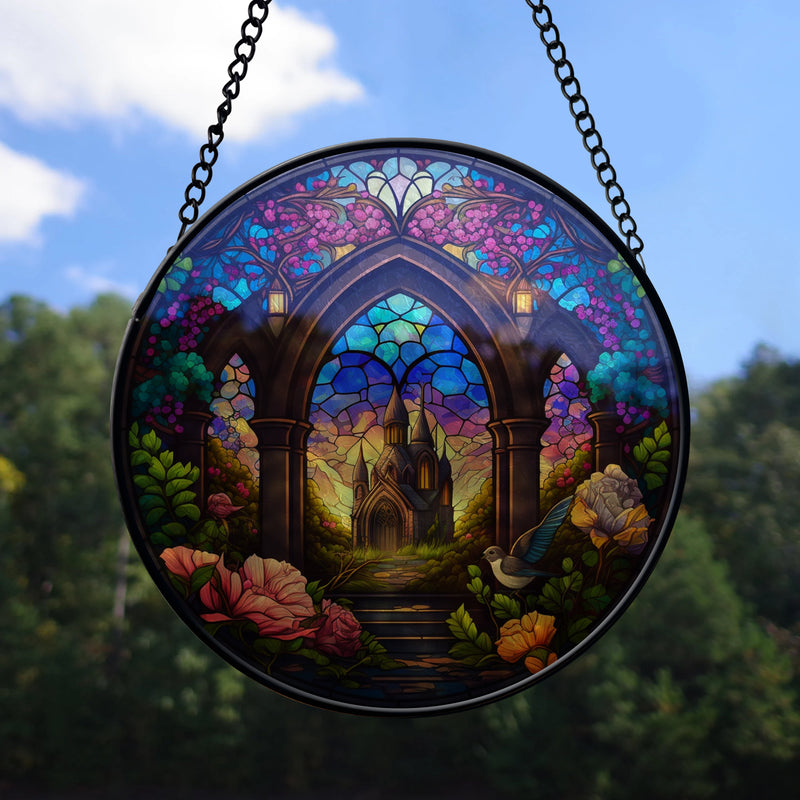 Castle Round Stained Glass Window Hanging Panel Suncatcher