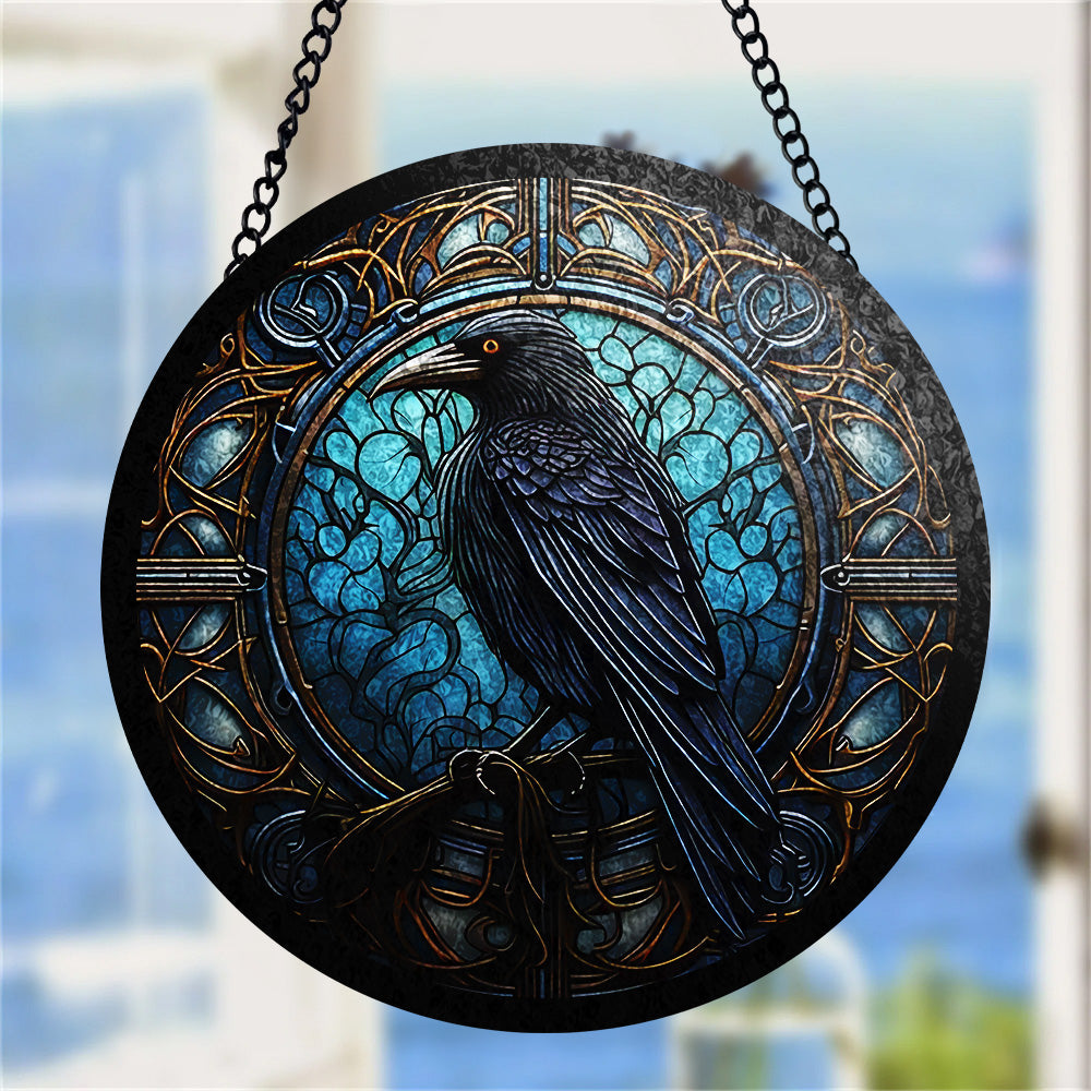 Crow Round Stained Glass Window Hanging Panel Suncatcher