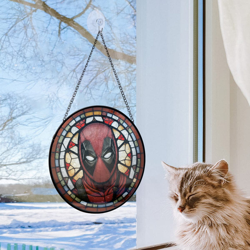 Deadpool Round Stained Glass Window Hanging Panel Suncatcher