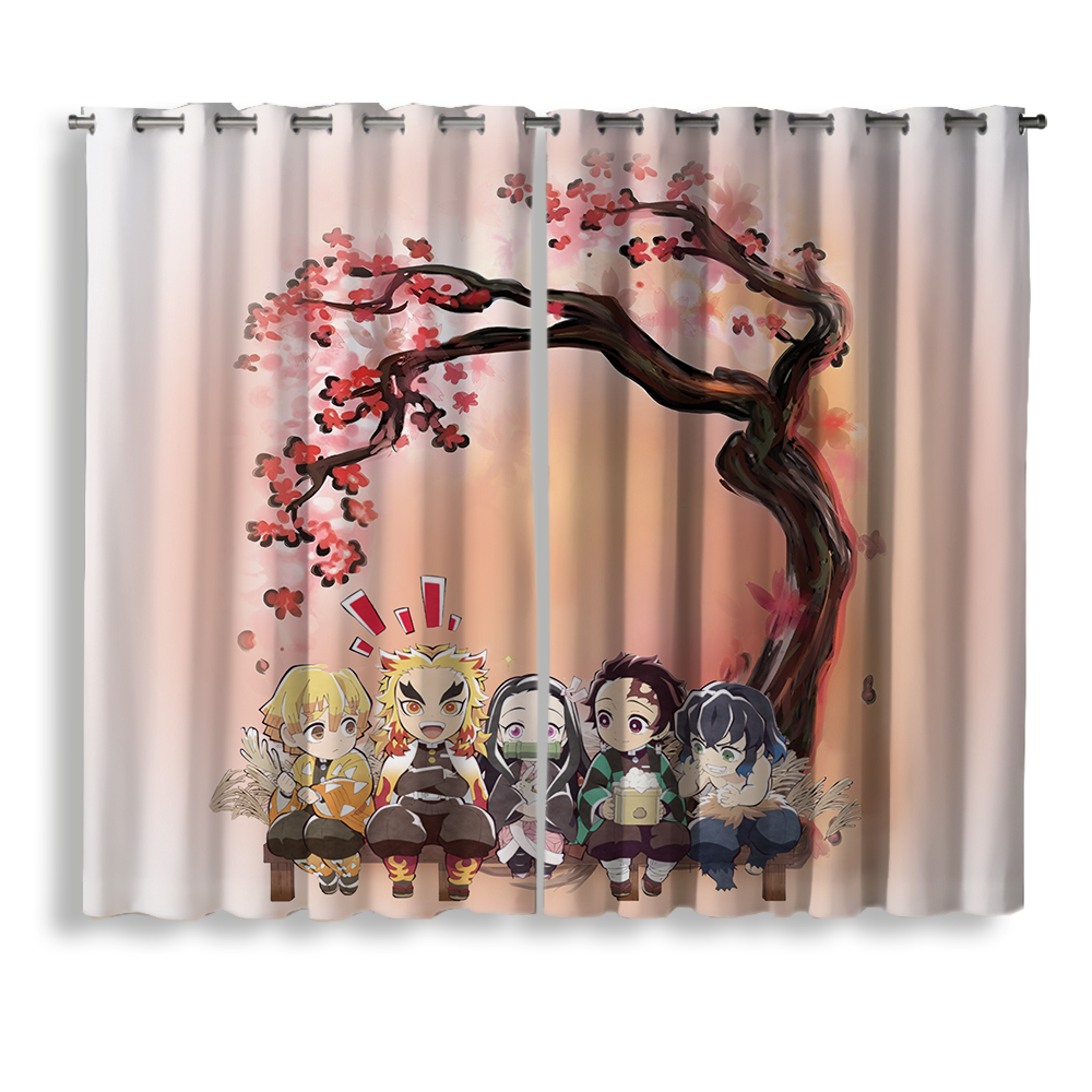Demon Slayer Team Chibi Anime Cherry Blossom Window Curtain
