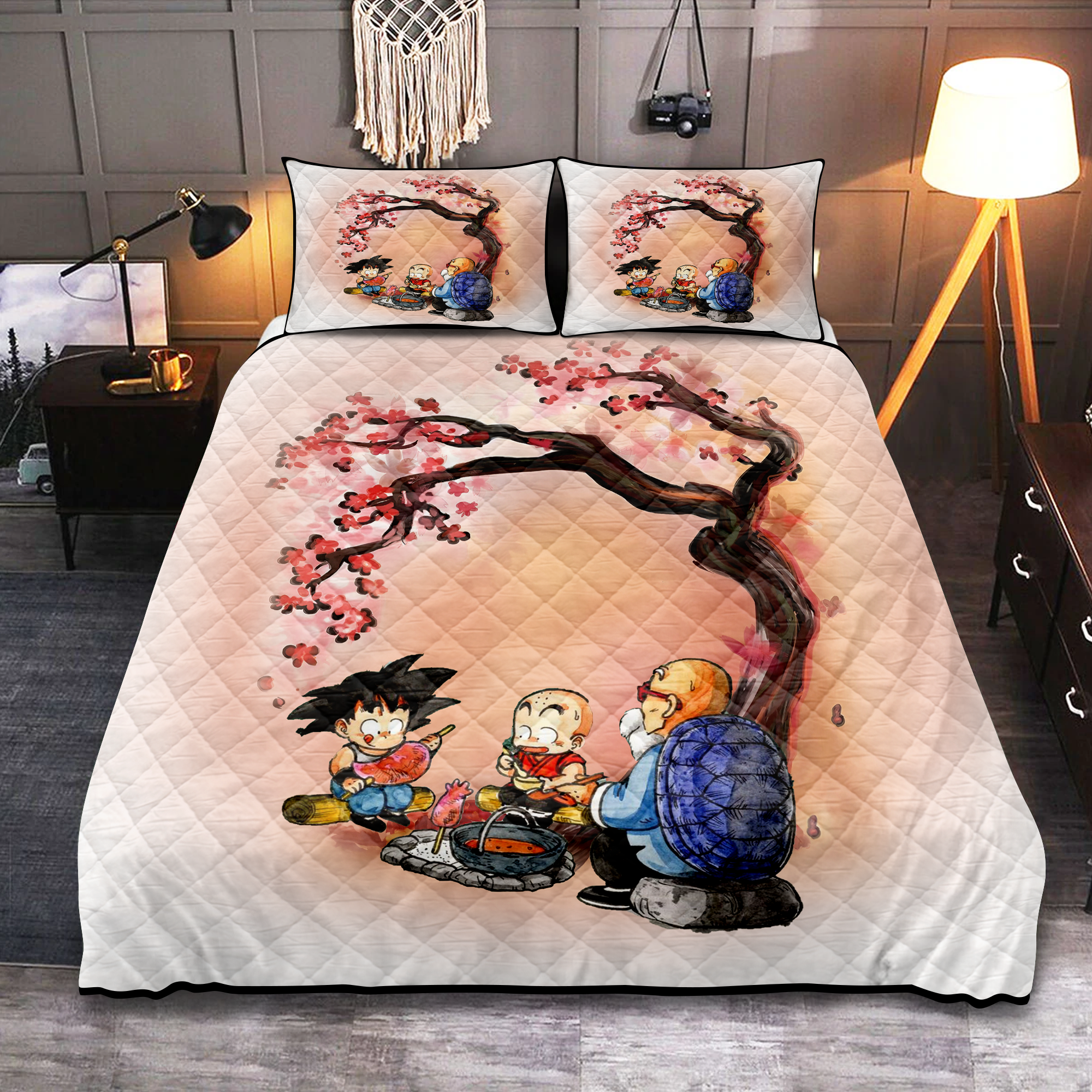 Dragon Ball Goku Krillin Master Roshi Anime Funny Cherry Blossom Quilt