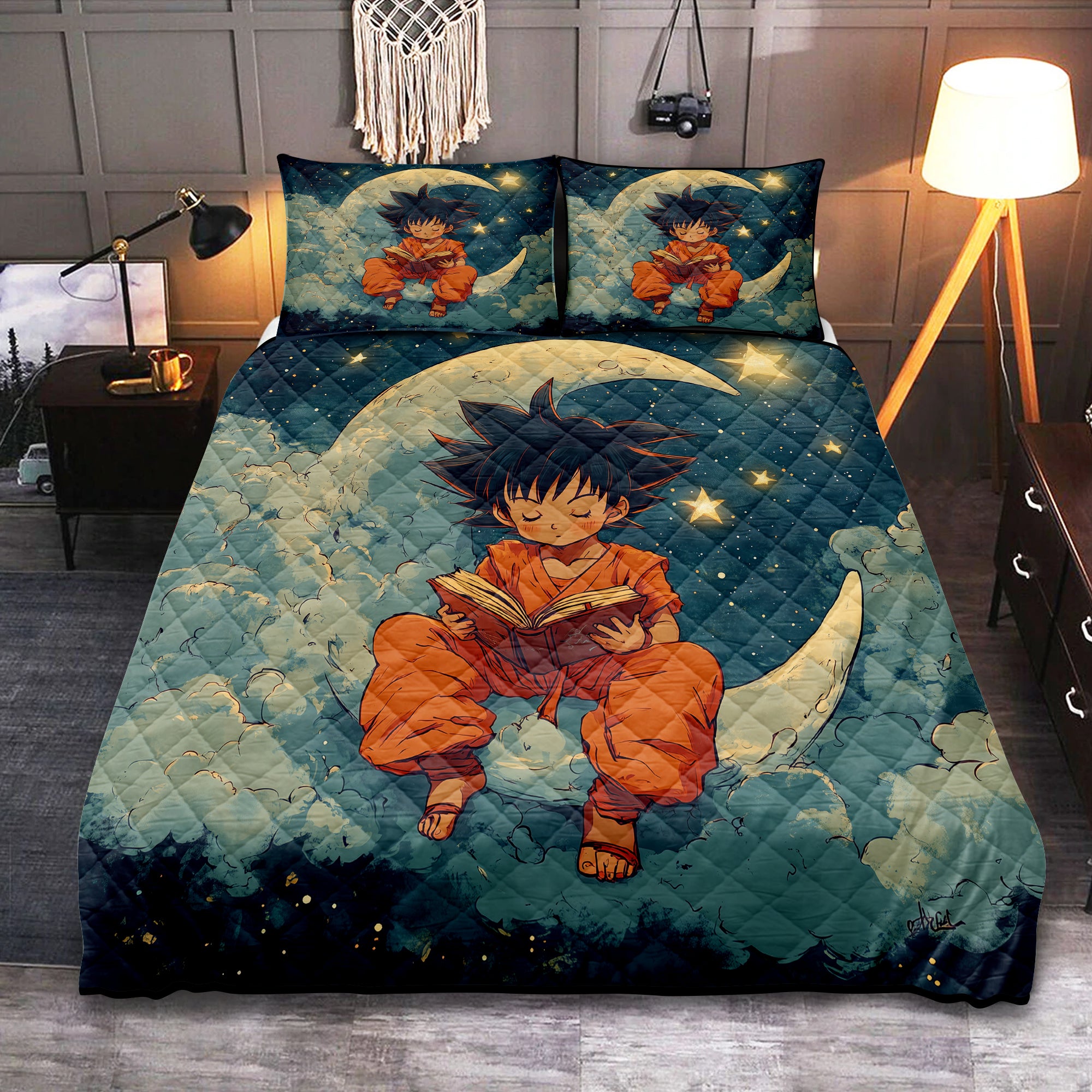 Goku 1 Reading On A Crescent Moon Quilt Bed Sets