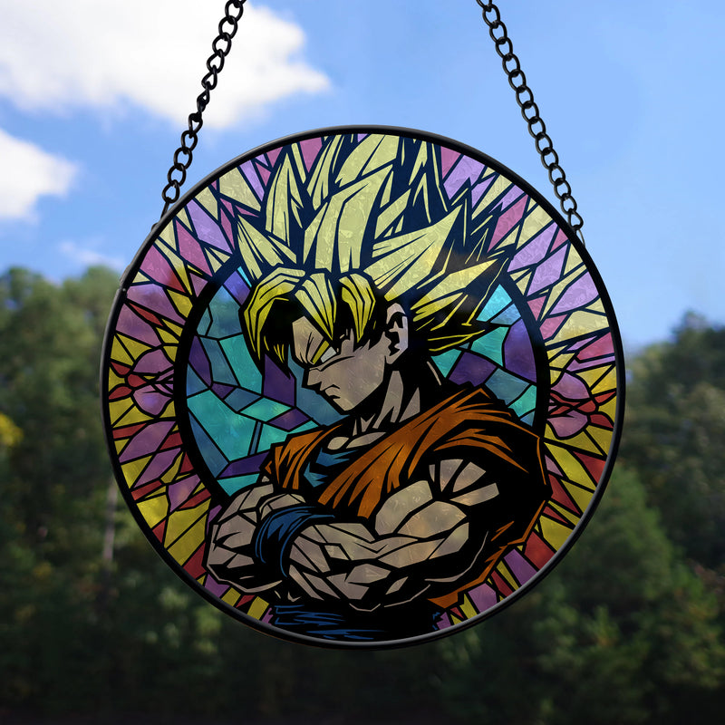 Goku Dragon Ball Anime Round Stained Glass Window Hanging Panel Suncat