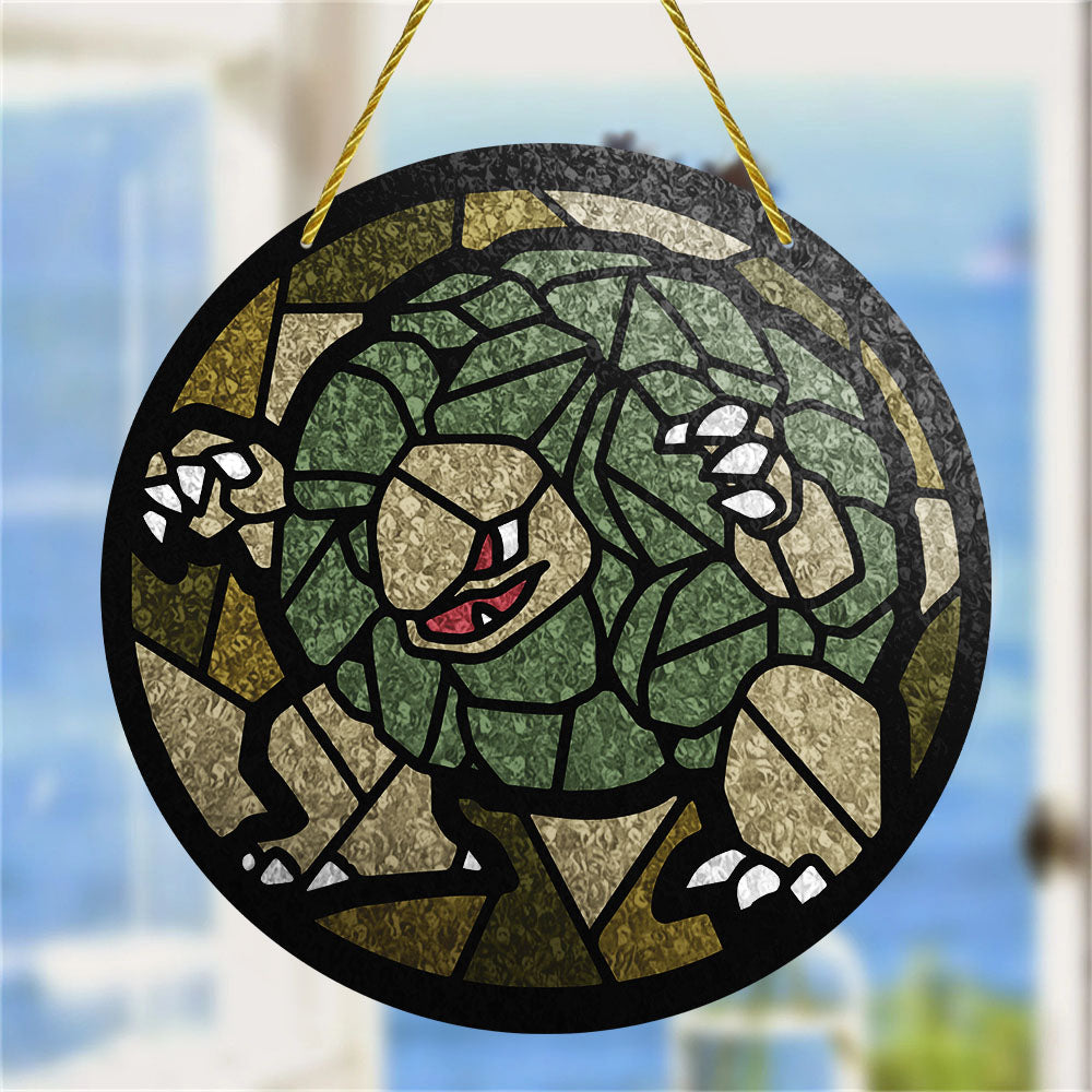 Golem Pokemon Round Stained Glass Window Hanging Panel Suncatcher