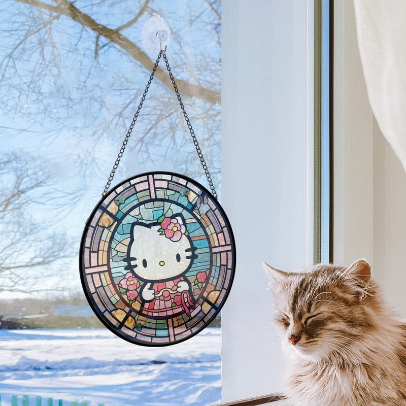 Hello Kitty Round Stained Glass Window Hanging Panel Suncatcher