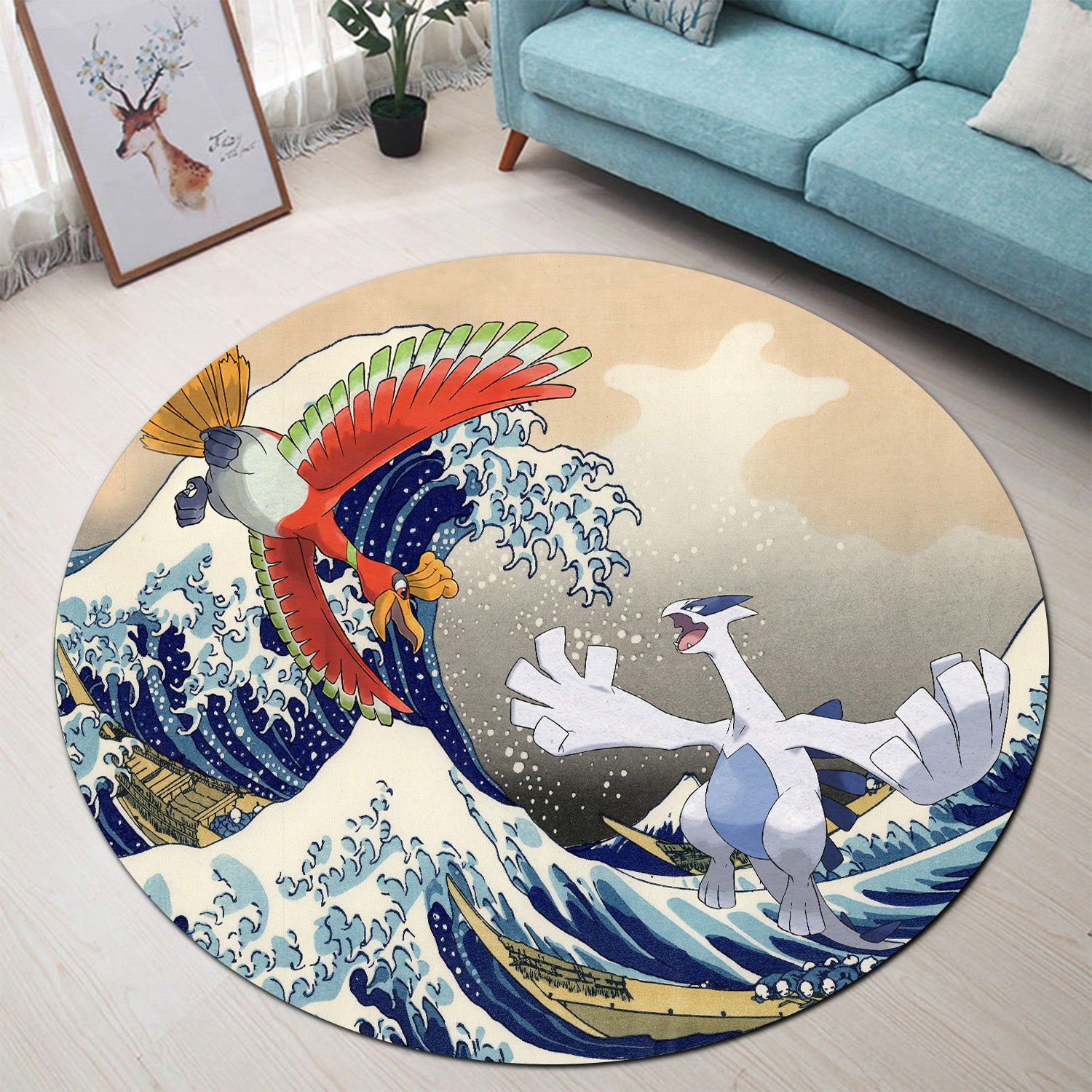 Hoho vs Lugia The Great Wave Round Rug