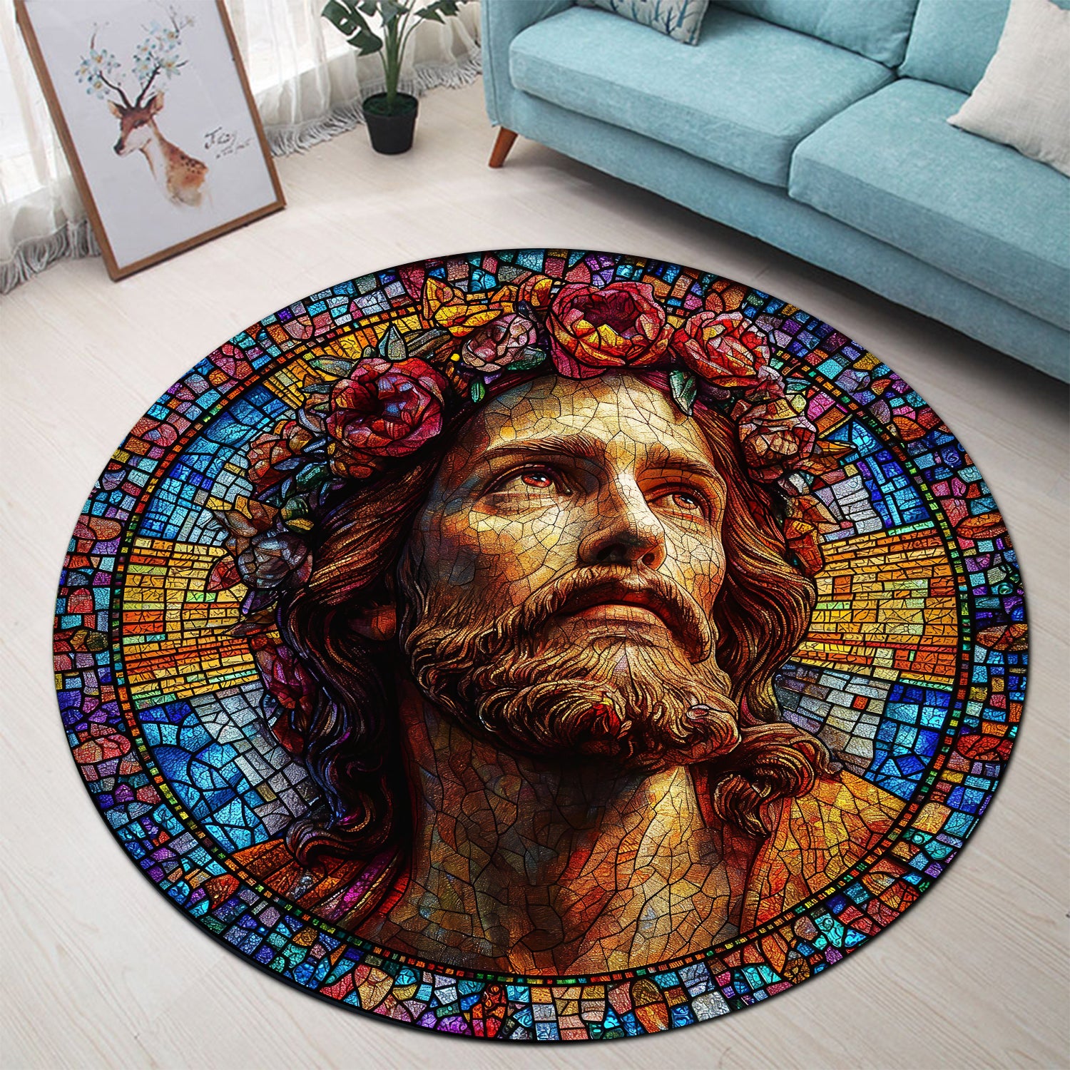 Jesus Stained Glass Round Rug