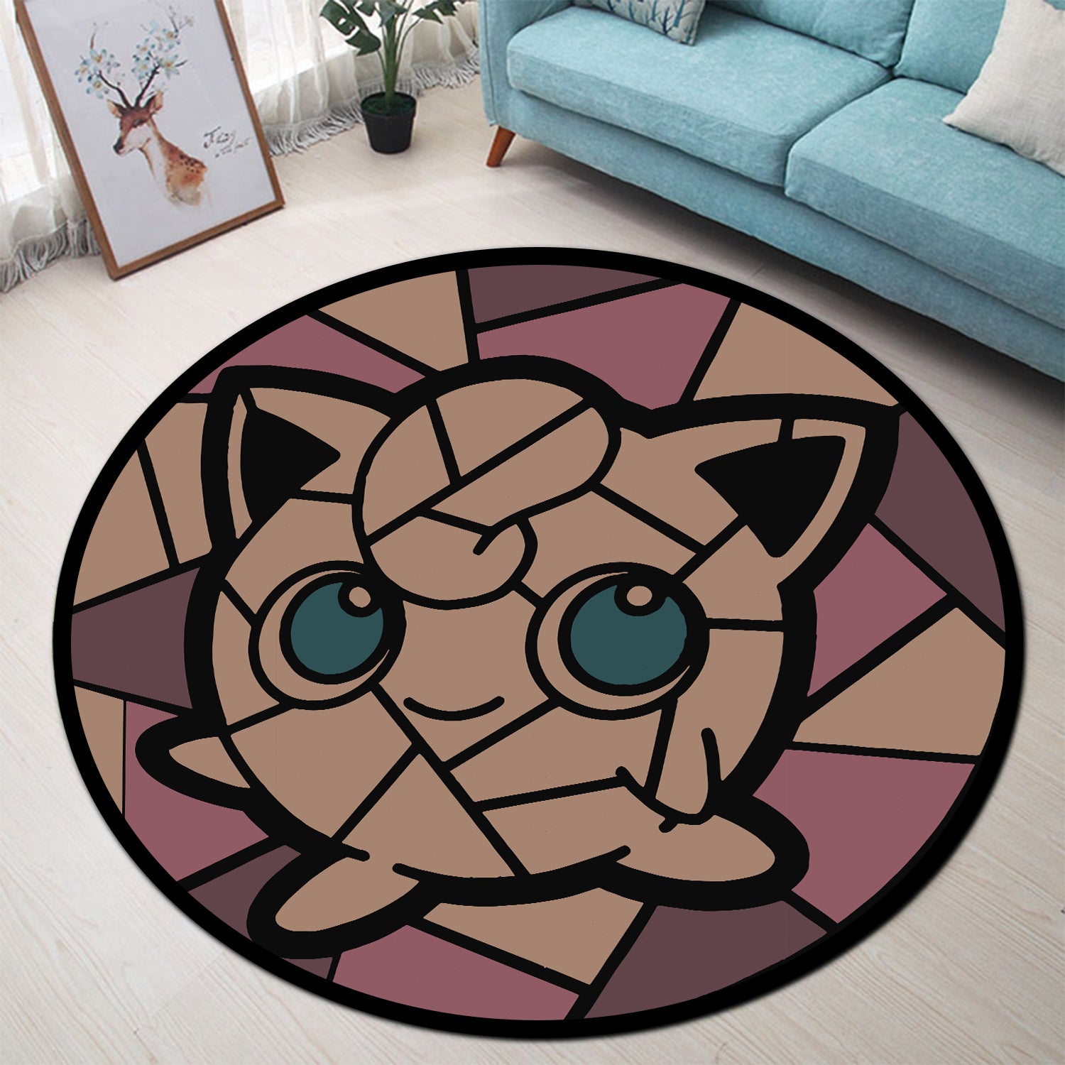 Jigglypuff Pokemon Stained Glass Round Carpet Rug Bedroom Livingroom H