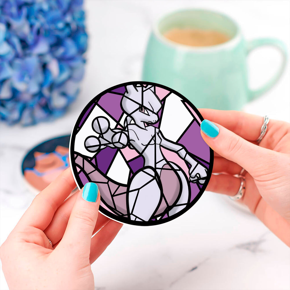 Mewtwo Pokemon Stained Glass Drink Coasters