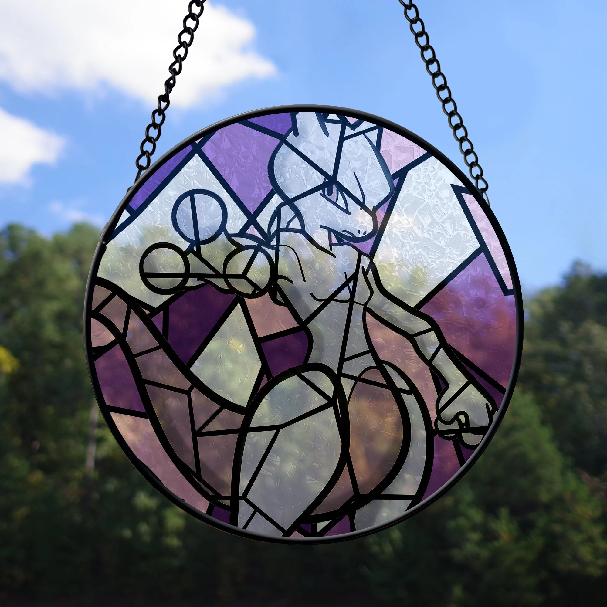 Mewtwo Pokemon Round Stained Glass Window Hanging Panel Suncatcher