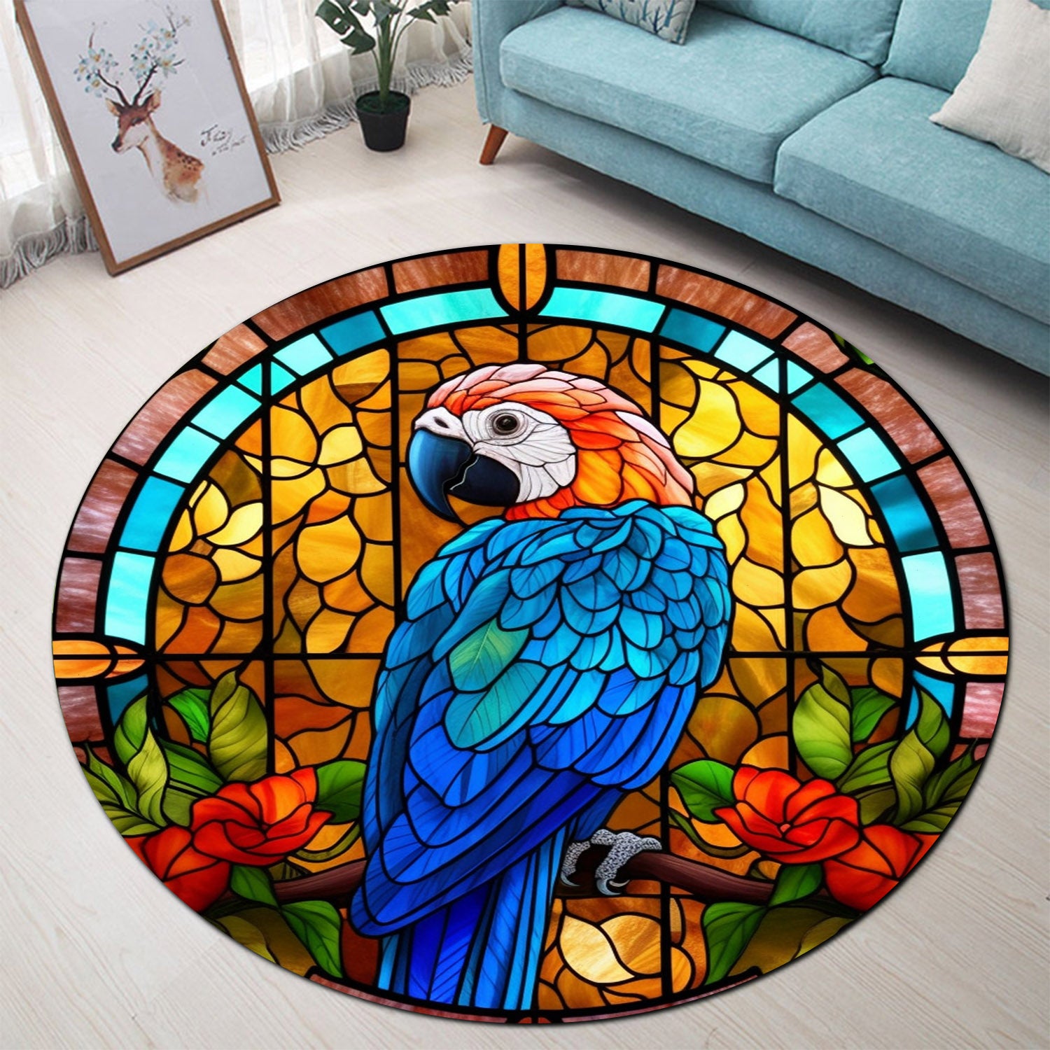 Parrot Stained Glass Round Rug