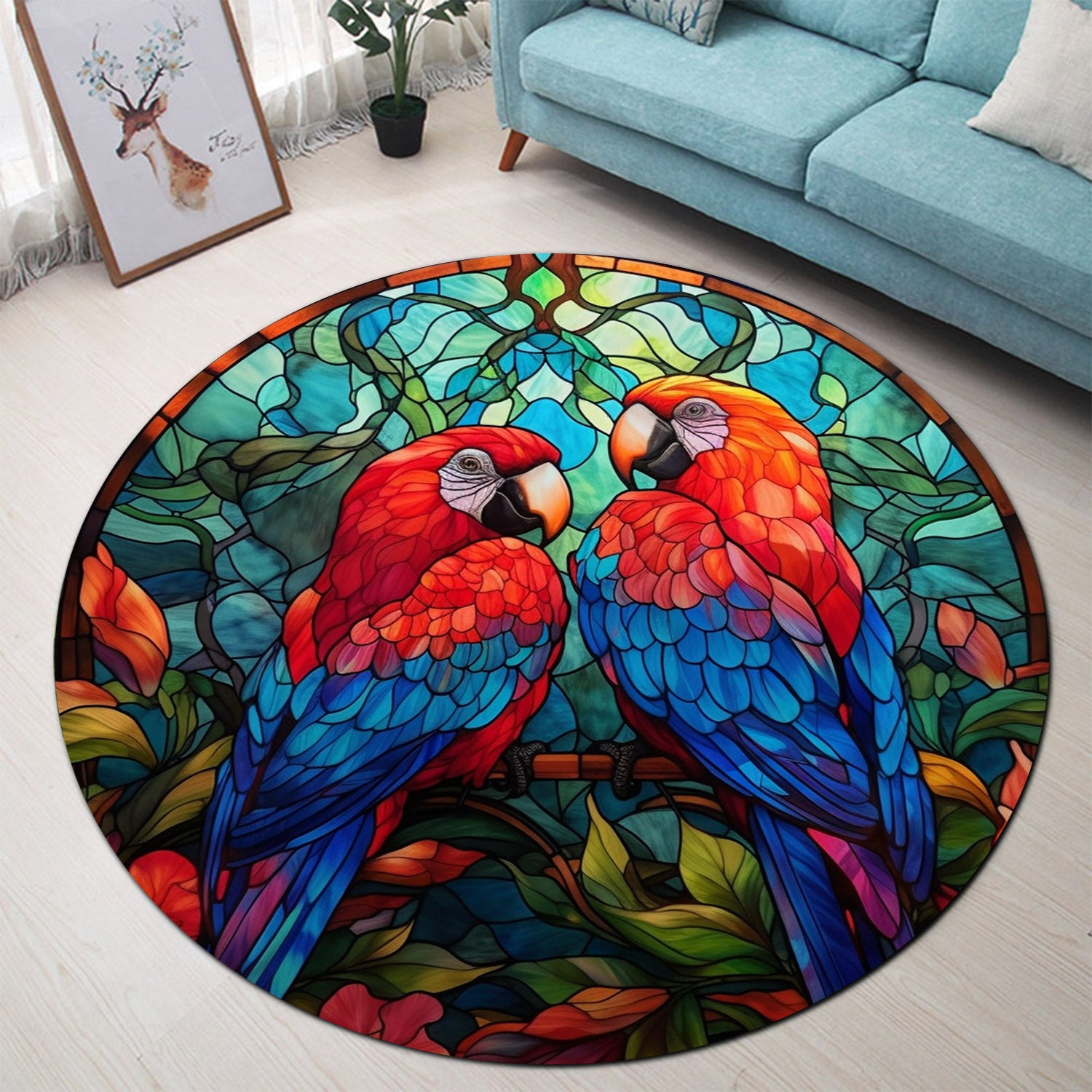Parrot Couple Stained Glass Round Rug