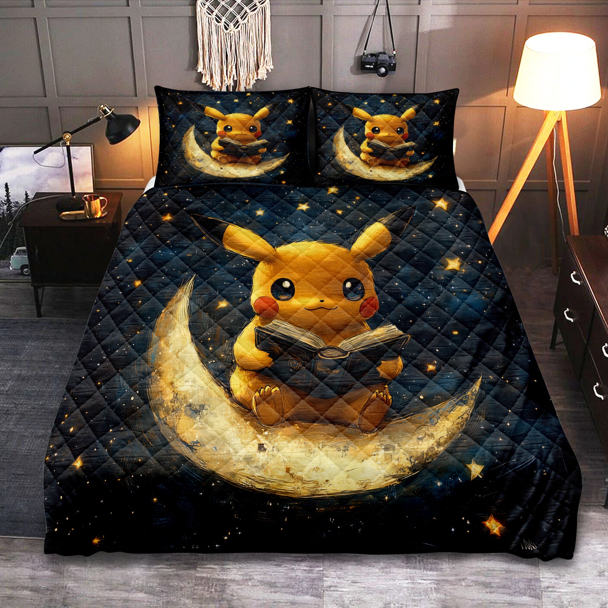 Pikachu Reading On A Crescent Moon Quilt Bed Sets