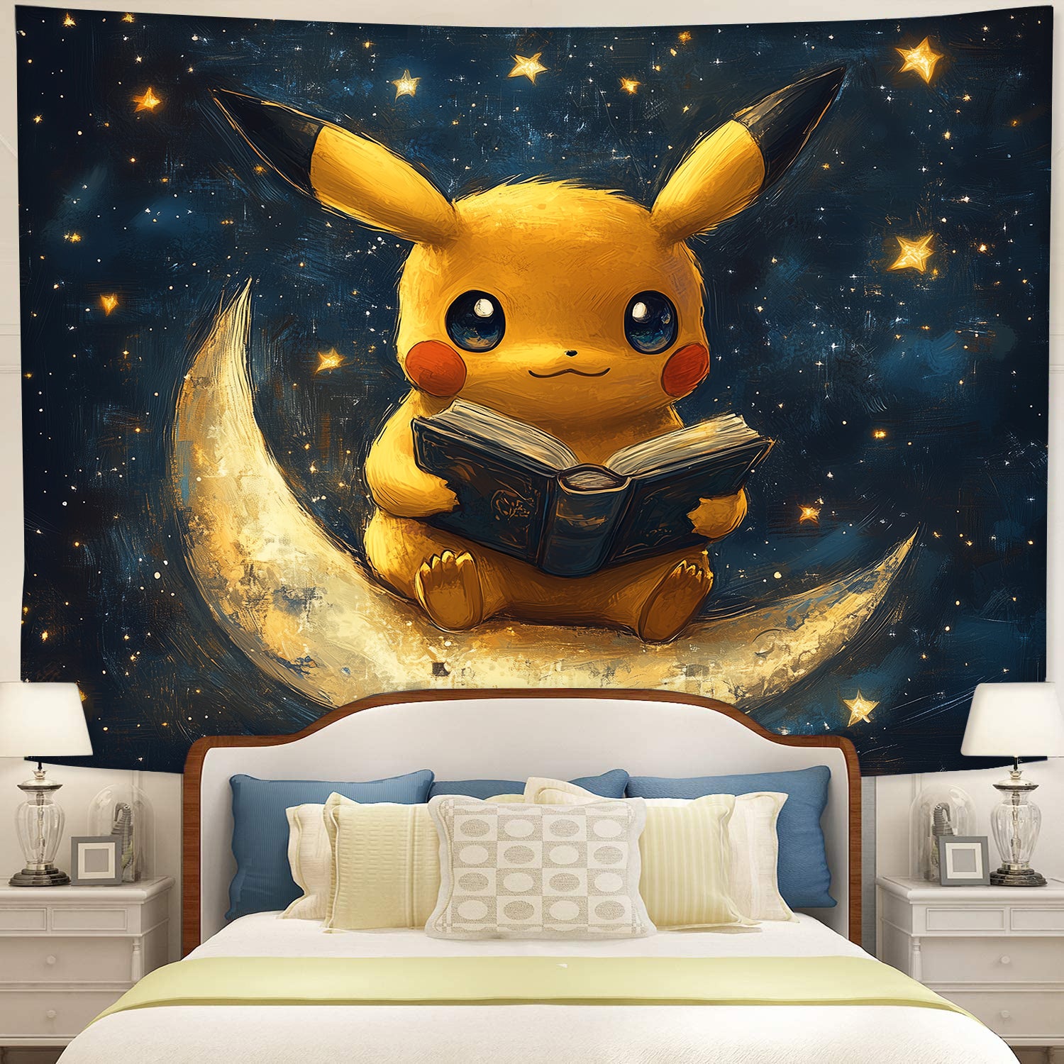 Pikachu Pokemon Reading On A Crescent Moon 1 Tapestry Room Decor
