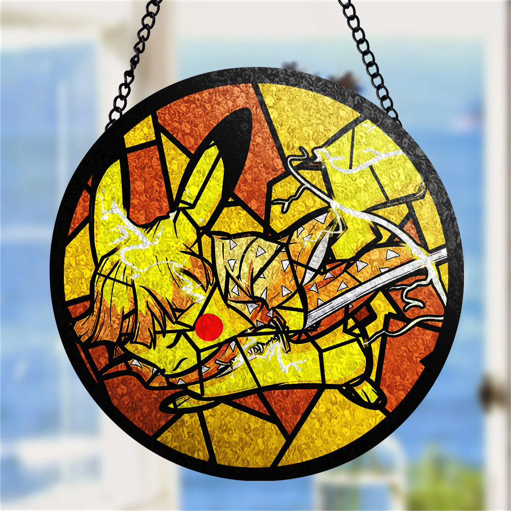 Pikachu Zenitsu Pokemon Stained Glass Window Hanging Panel Suncatcher