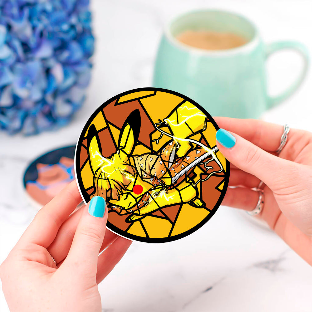 Pikachu Zenitsu Stained Glass Drink Coasters