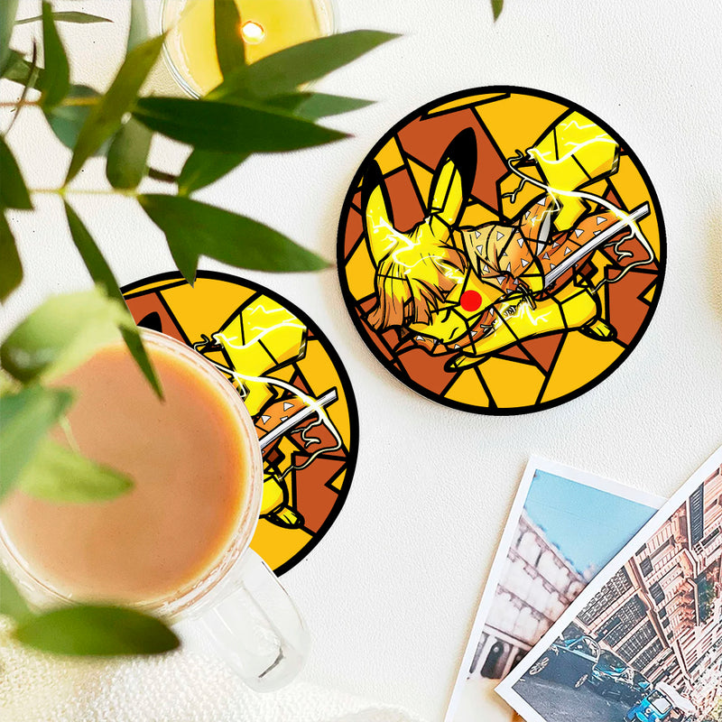 Pikachu Zenitsu Pokemon Stained Glass Drink Coasters