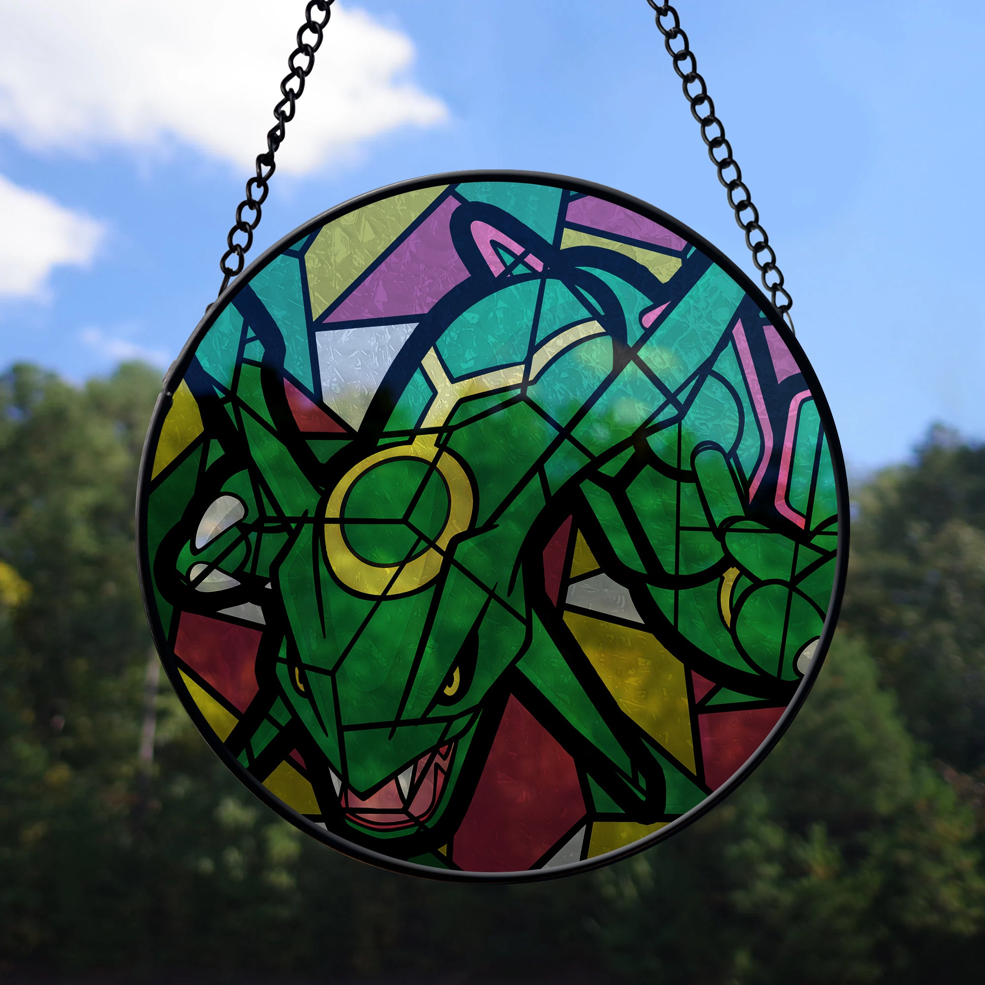 Rayquaza Pokemon Round Stained Glass Window Hanging Panel Suncatcher