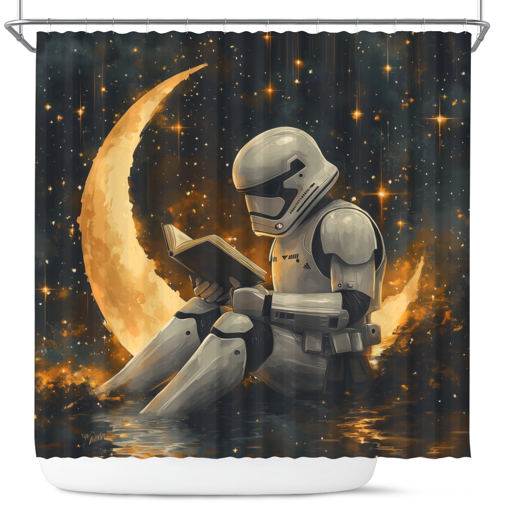Stormtrooper Reading On A Crescent Moon Shower Curtain