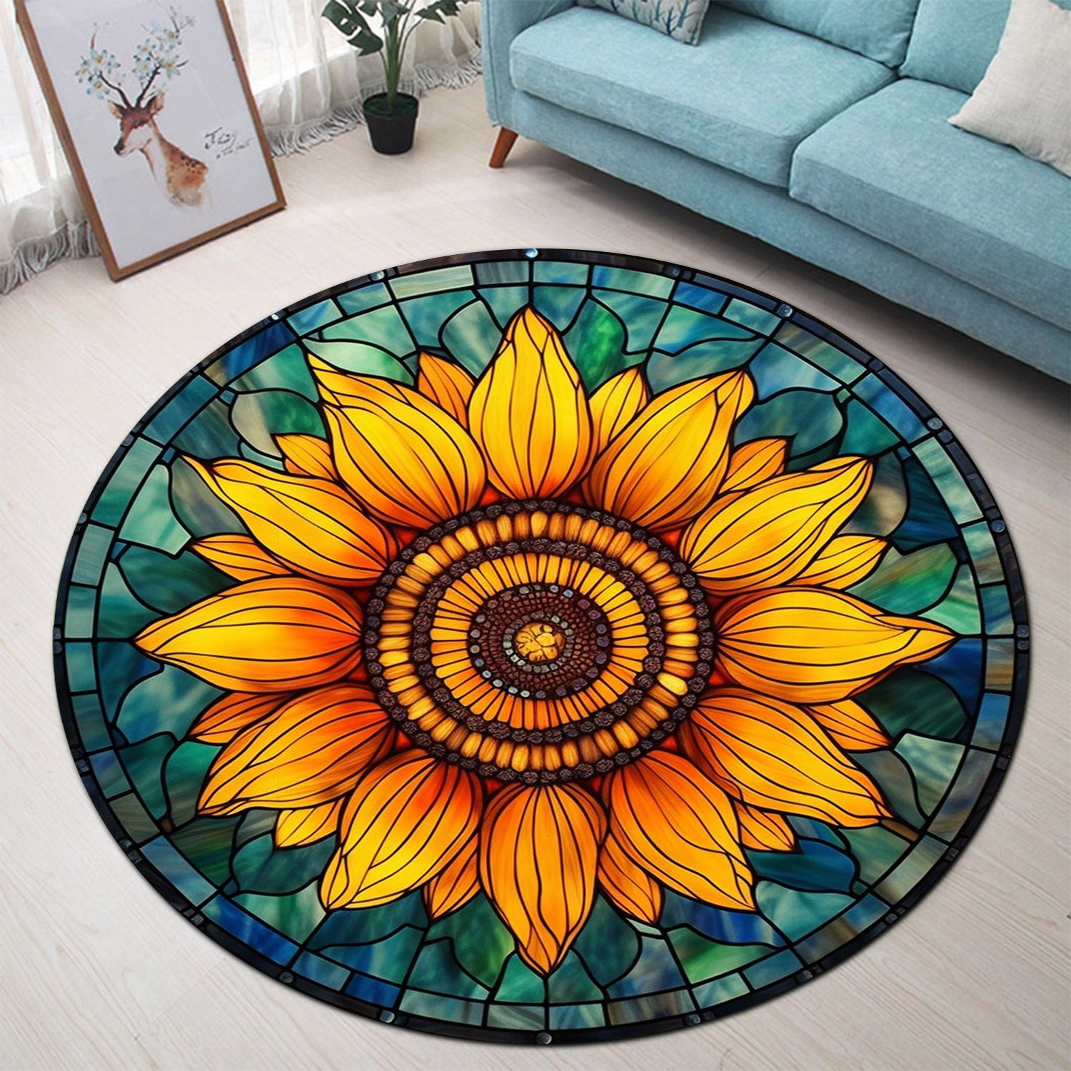 Sunflower Stained Glass Round Rug