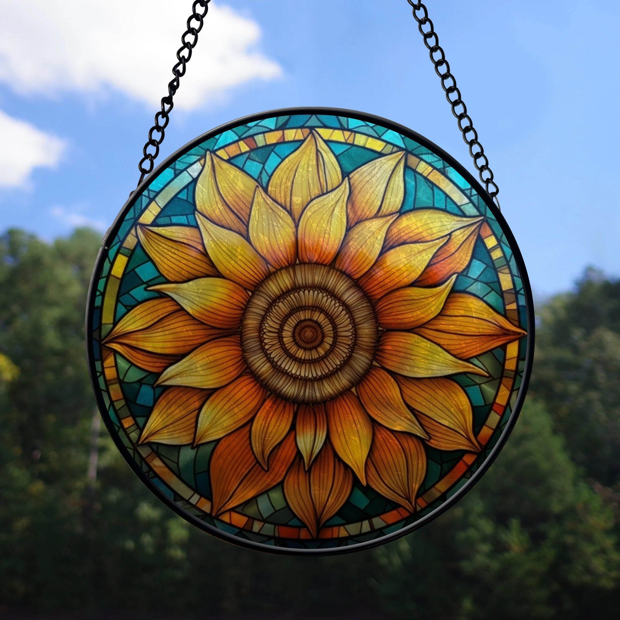 Sunflower Round Stained Glass Window Hanging Panel Suncatcher
