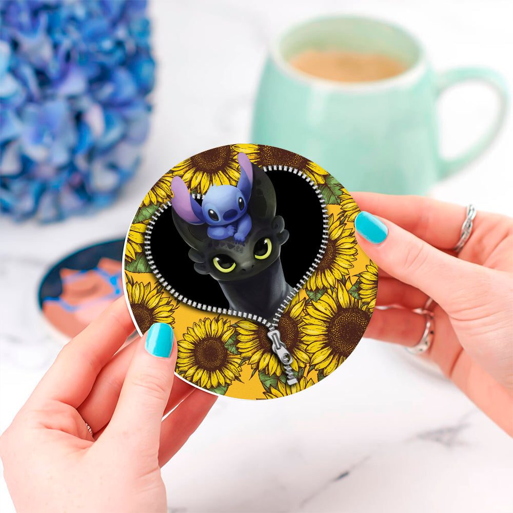 Toothless And Stitch Sunflower Zipper Ceramic Drink Coasters