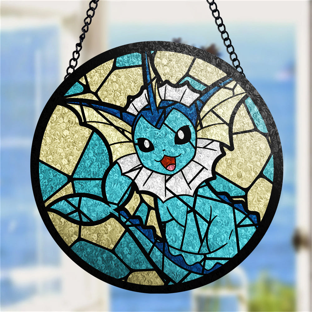 Vaporeon Eevee Evolution Round Stained Glass Window Hanging Panel Sunc