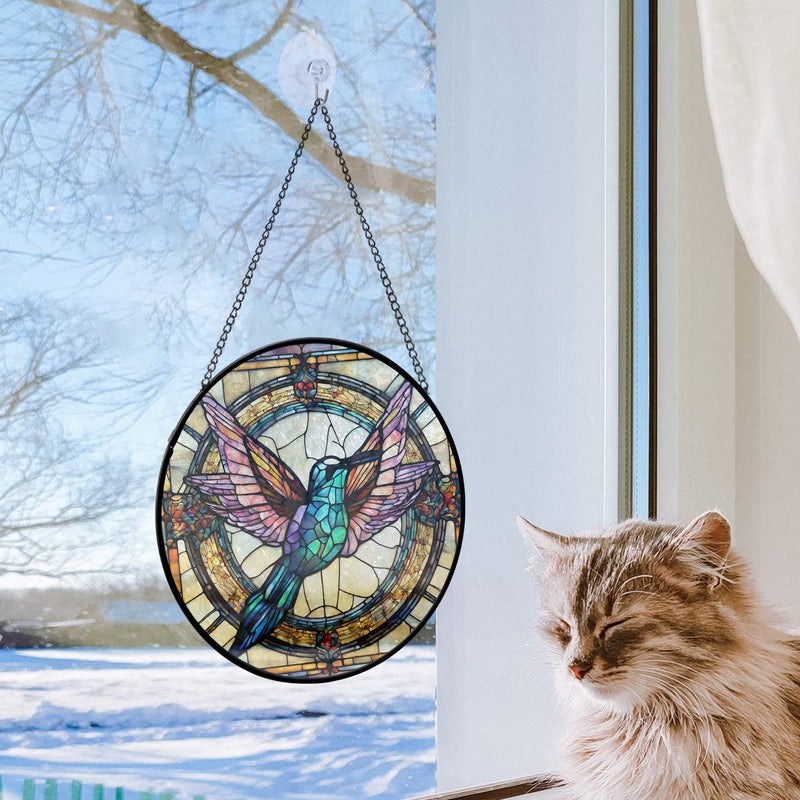Hummingbird Round Stained Glass Window Hanging Panel Suncatcher