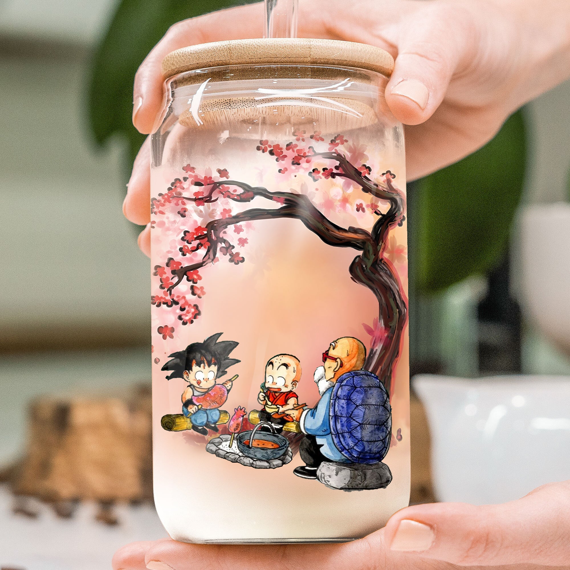 Dragon Ball Goku Krillin Master Roshi Anime Funny Cherry Blossom Glass