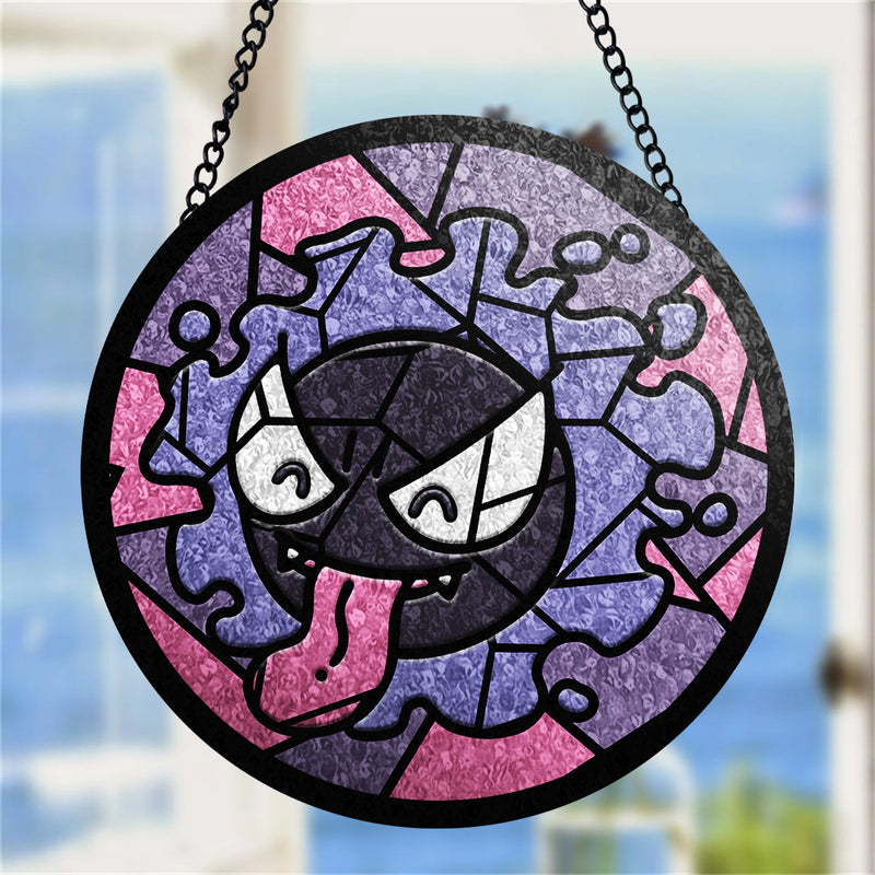 Gastly Pokemon Round Stained Glass Window Hanging Panel Suncatcher