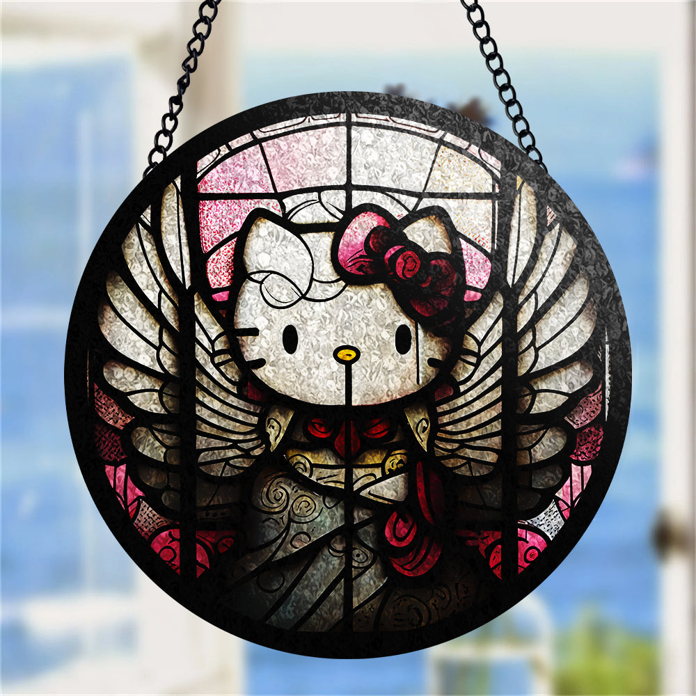 Hello Kitty Round Stained Glass Window Hanging Panel Suncatcher