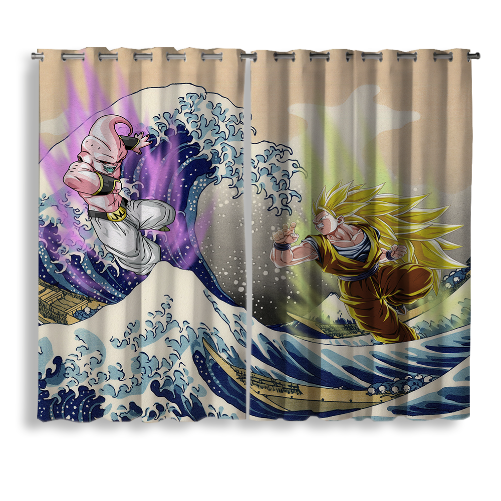 Kid Buu Vs Goku Dragon Ball The Great Wave Japan Window Curtain