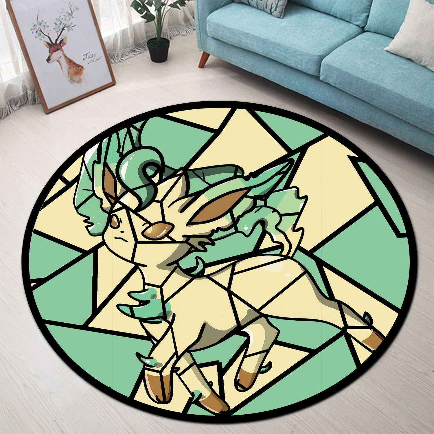Leafeon Eevee Evolution Stained Glass Round Rug