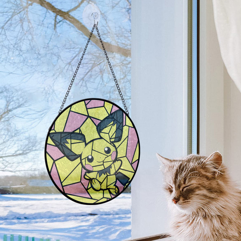 Pikachu Pokemon Round Stained Glass Window Hanging Panel Suncatcher