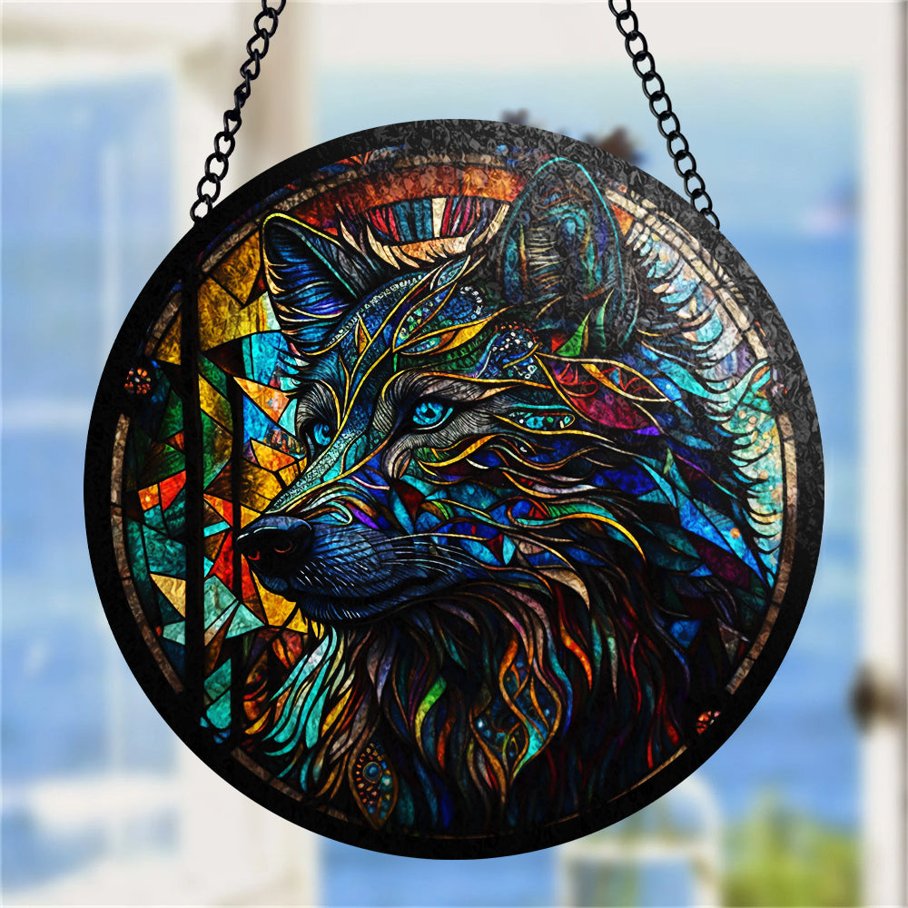 Psychedelic Wolf Round Stained Glass Window Hanging Panel Suncatcher