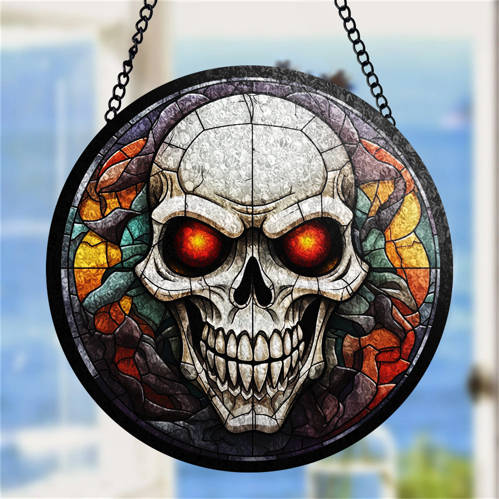 Metal Skull Round Stained Glass Window Hanging Panel Suncatcher