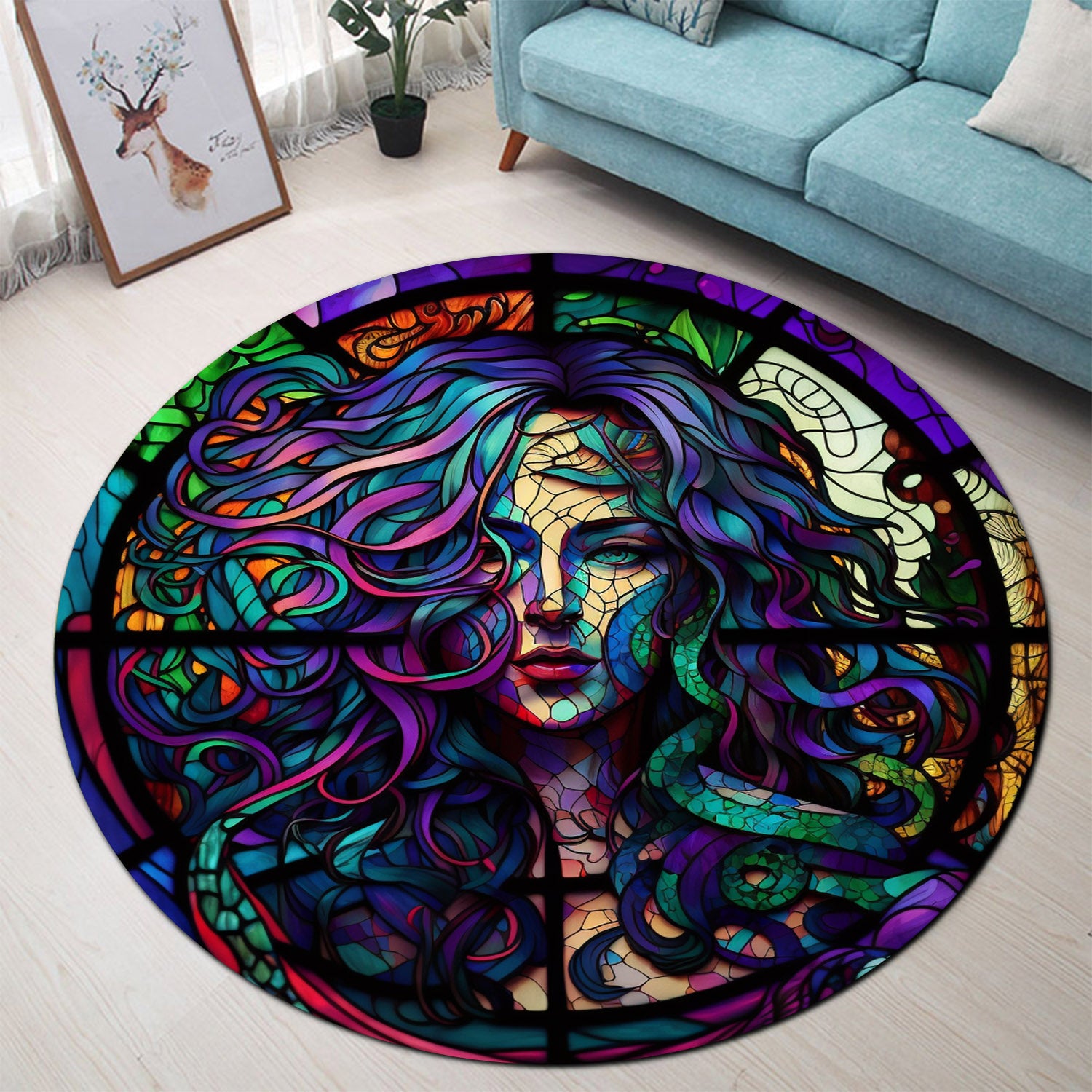 Stained Glass Medusa Snakes Round Rug