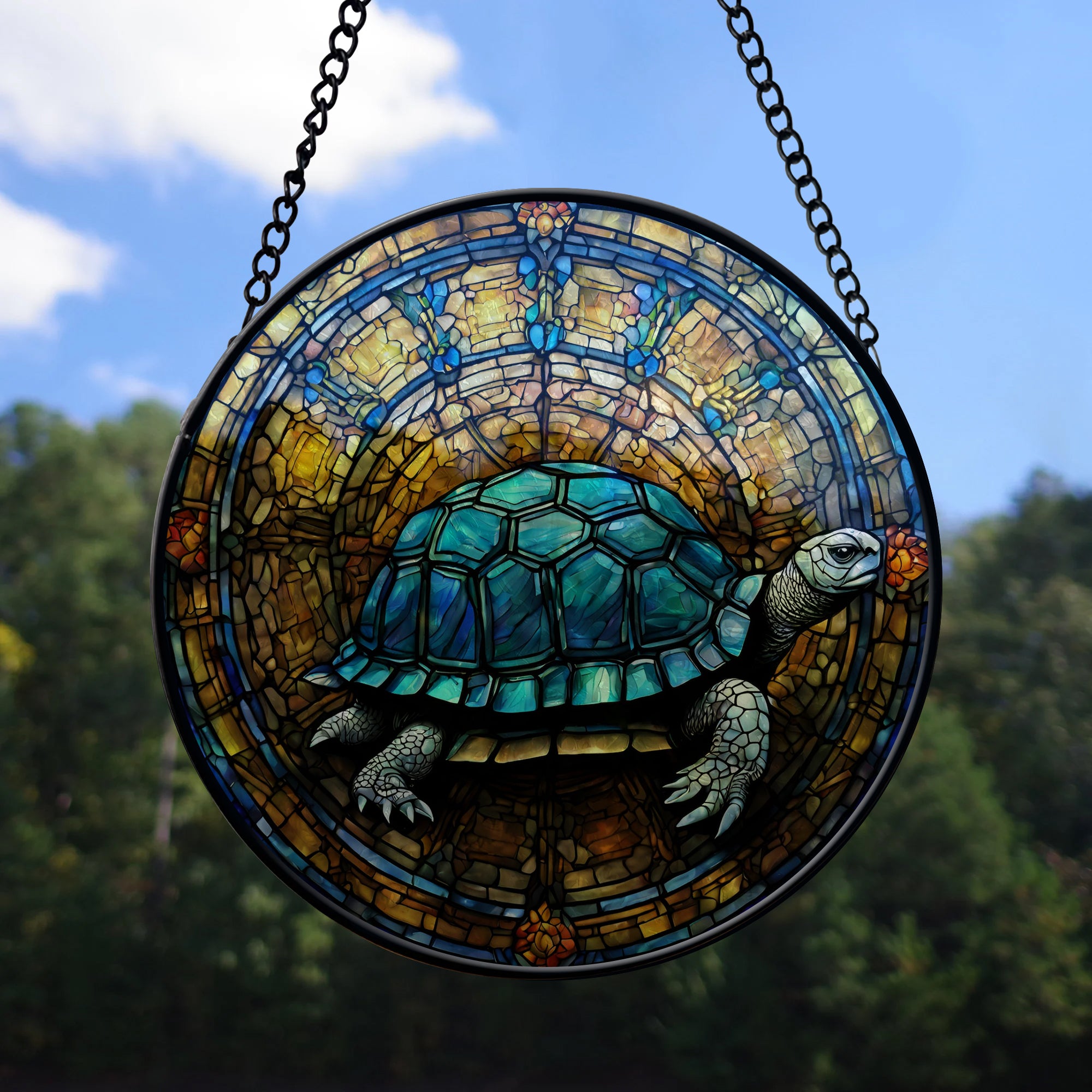 Tortoise Round Stained Glass Window Hanging Panel Suncatcher