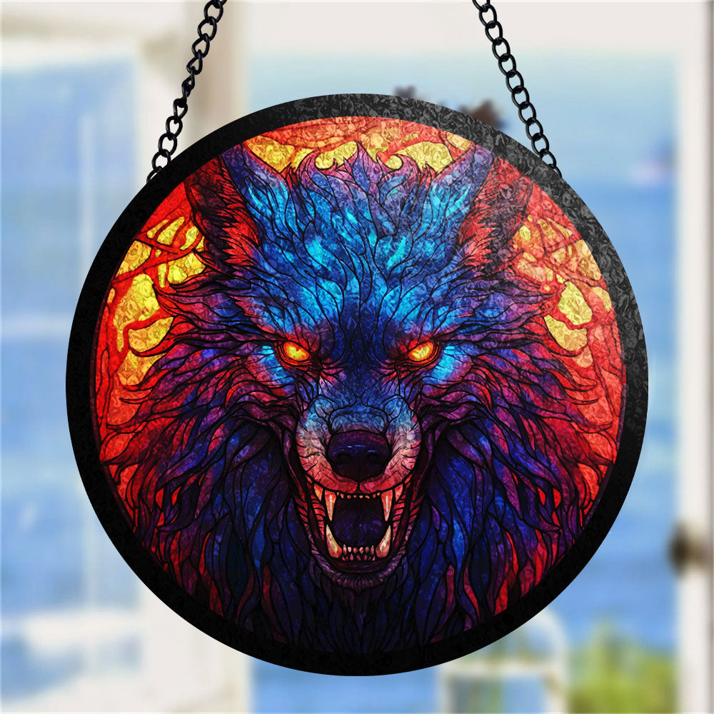 Wolf Round Stained Glass Window Hanging Panel Suncatcher