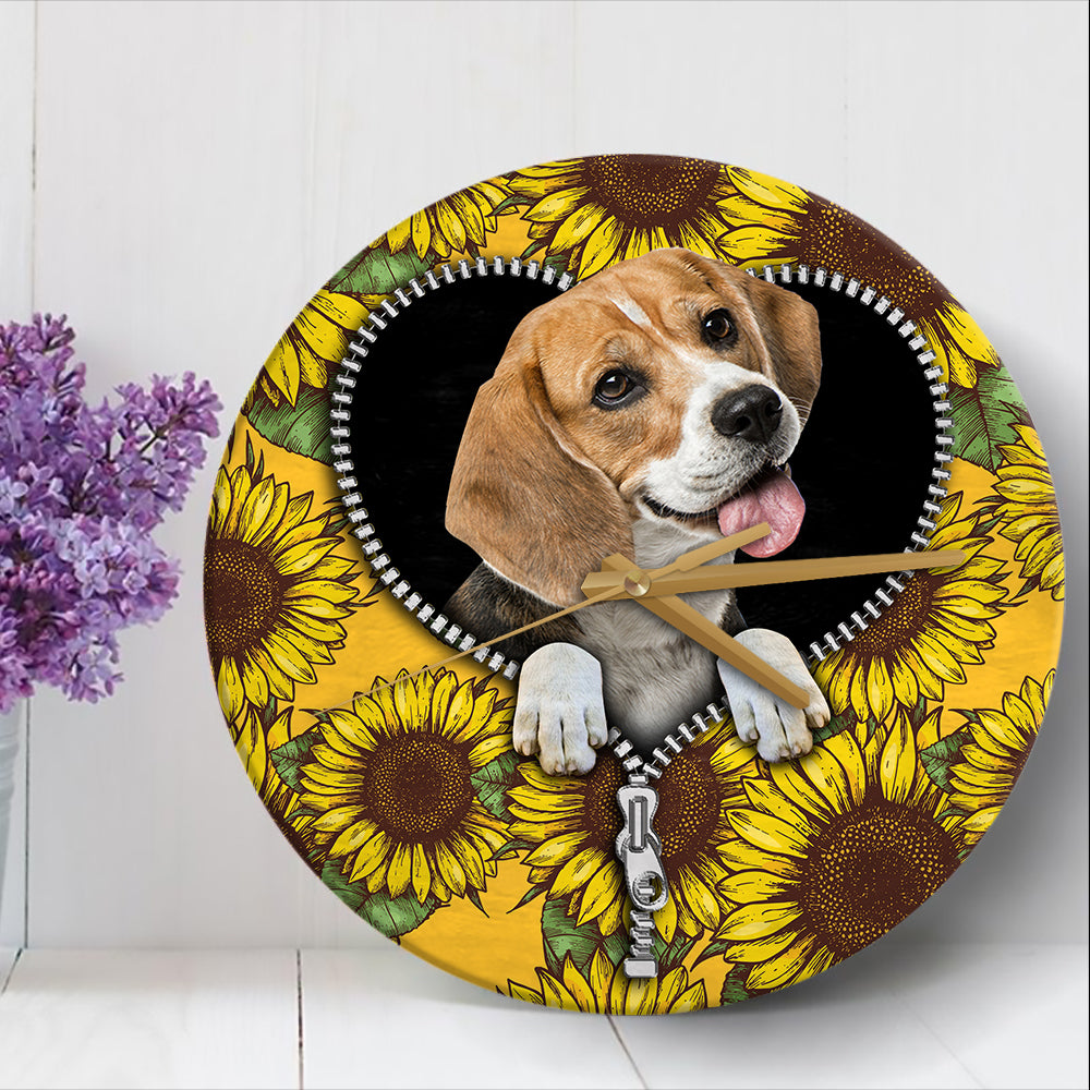 Lovely Sunflower Zipper Beagle Wood Wall Clock