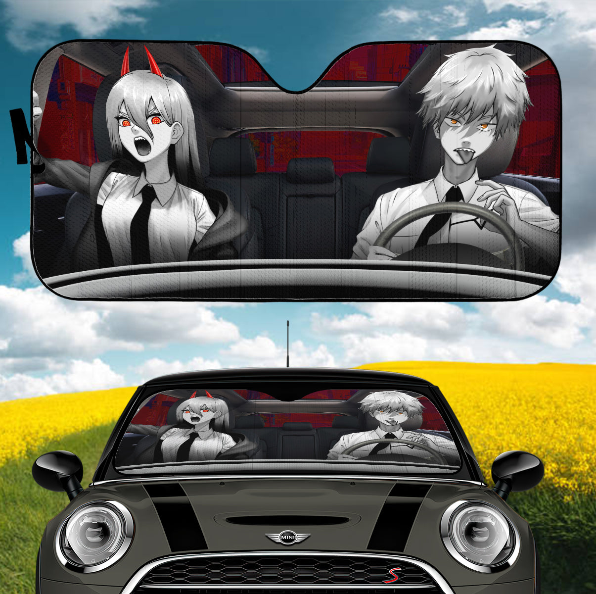 Chainsaw Man Anime Denji And Power Car Auto Sunshades