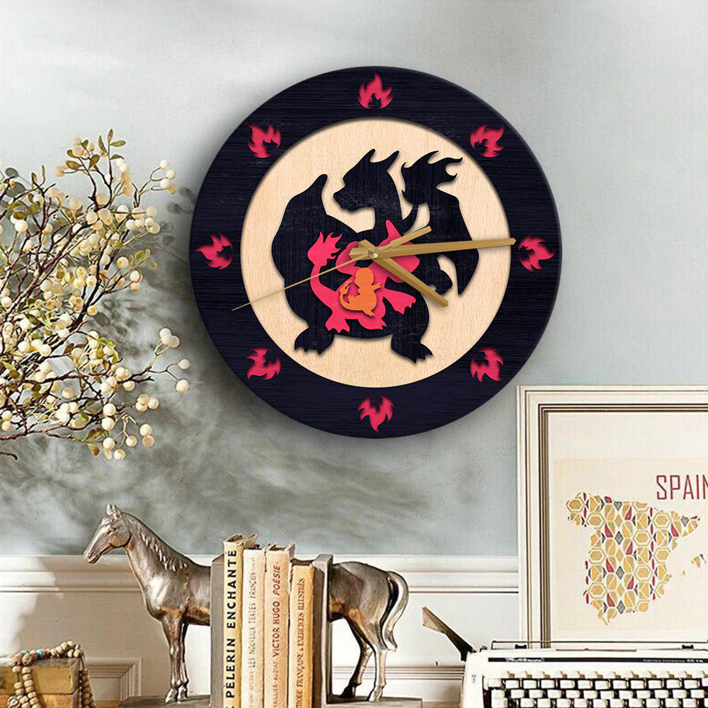 Charizard Evolution Pokemon Wood Wall Clock