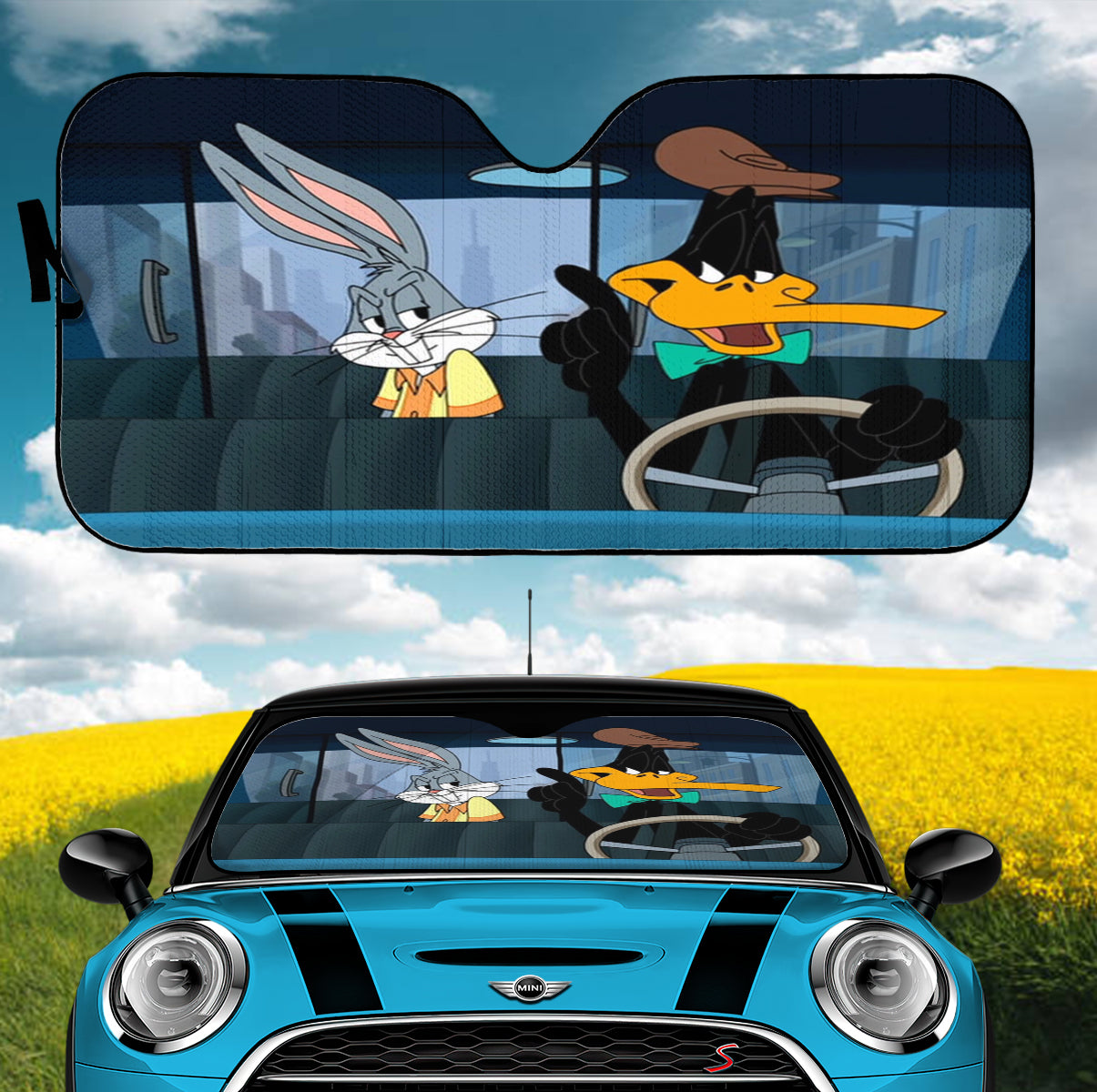 Looney Tunes Daffy Duck And Bugs Bunny Driving Funny Car Auto Sunshade