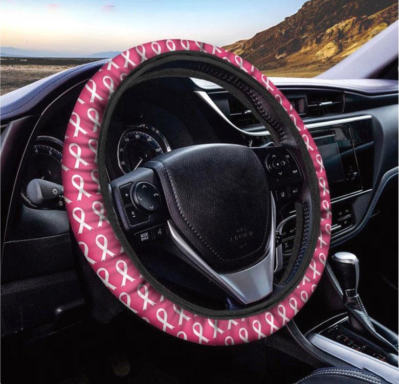 White And Pink Breast Cancer Print Car Steering Wheel Cover